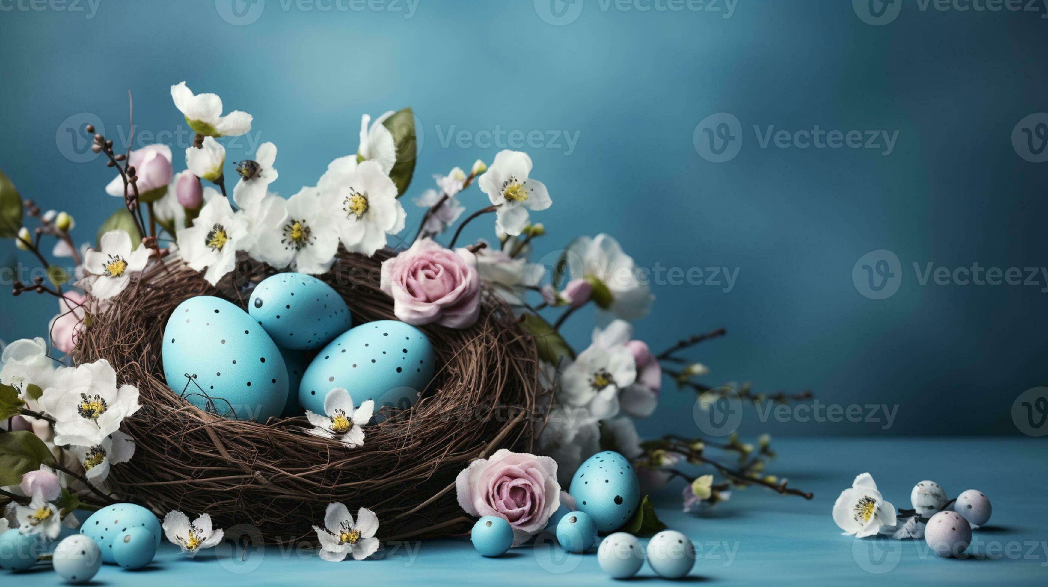 AI Generated Easter background with Easter eggs and spring flowers. Top ...