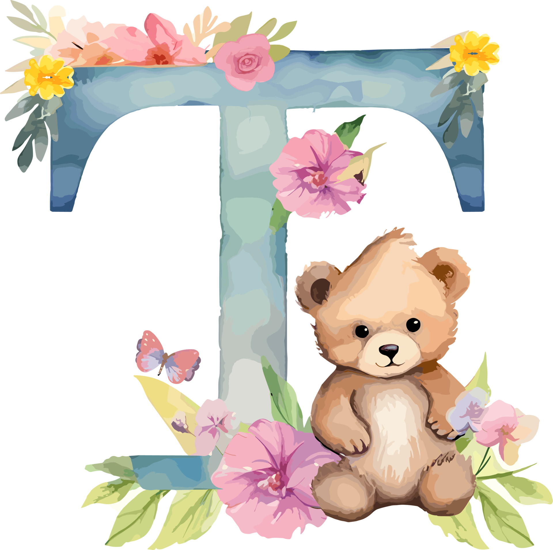 Ai Generated Floral Alphabet Letter T With Watercolor Flowers And Cute