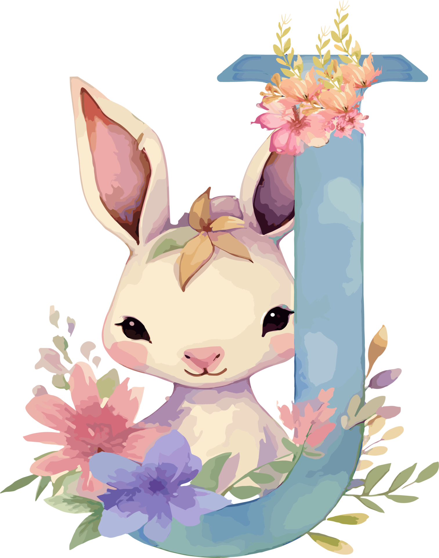 AI generated Floral alphabet, letter J with watercolor flowers and cute animal. Monogram ...