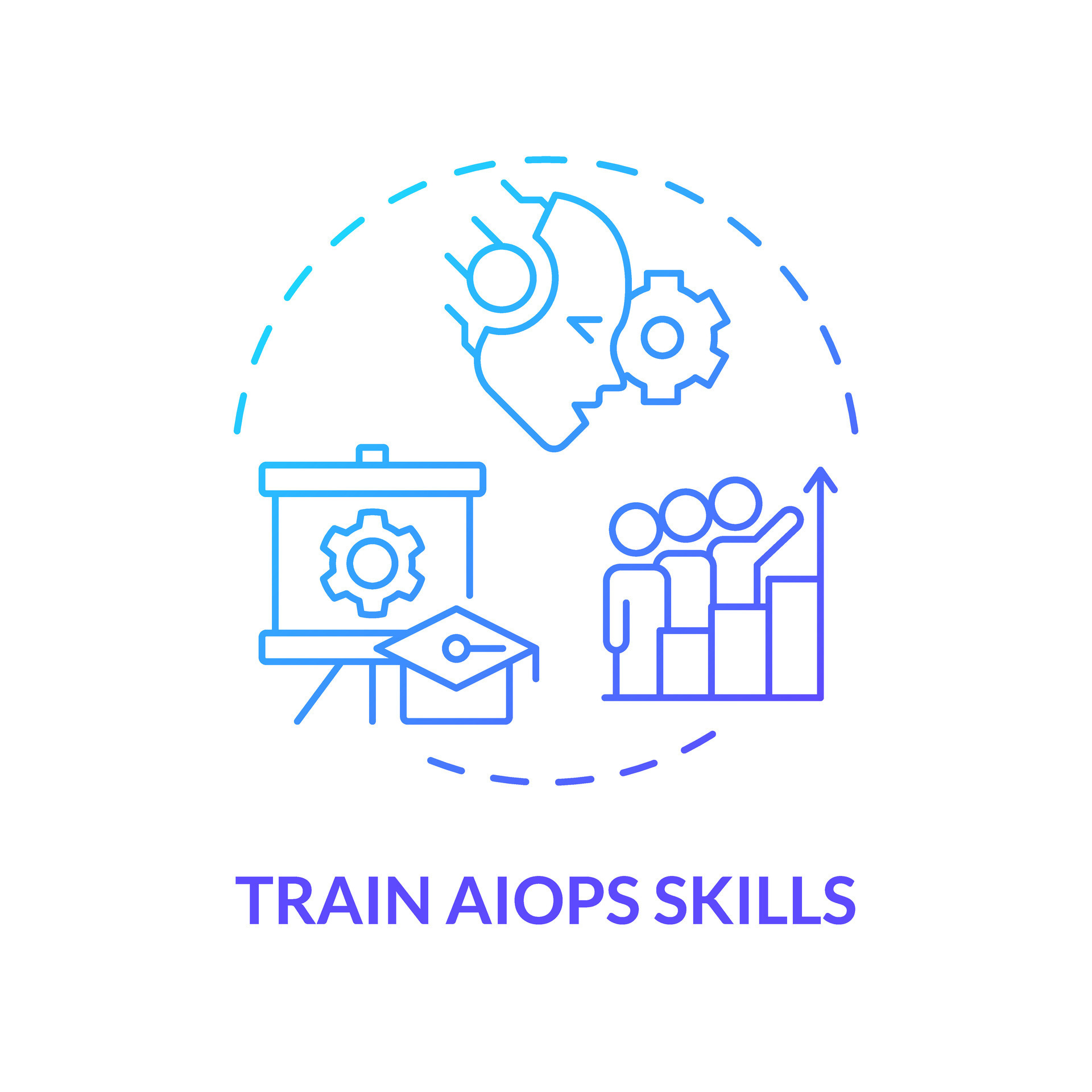 2D train AI ops skills gradient icon representing AI ops, isolated vector, blue thin line ...