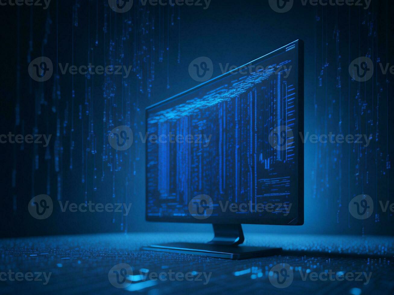 AI generated Blue digital binary data on computer screen background ...