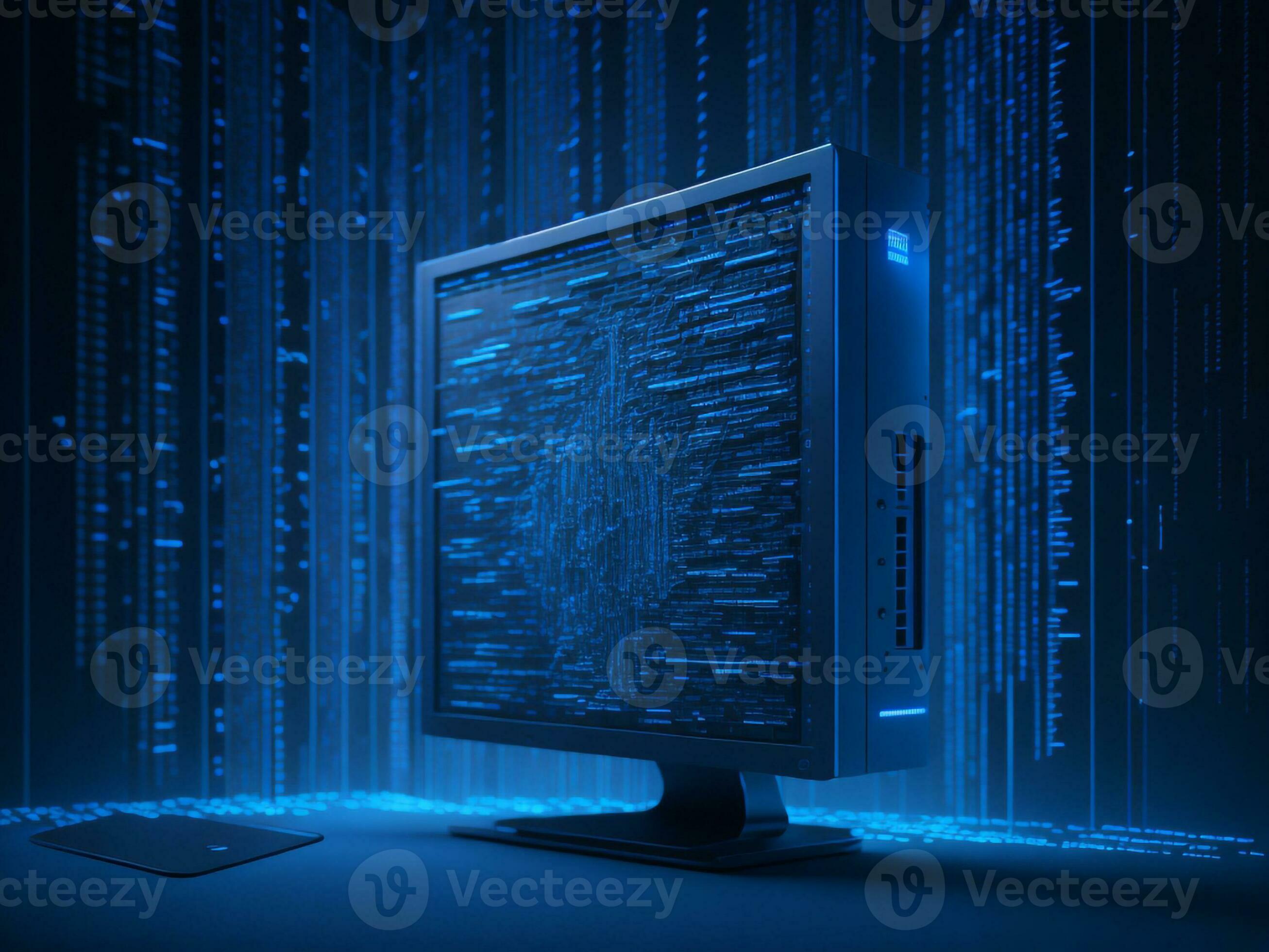 AI generated Blue digital binary data on computer screen background. binary code background ...