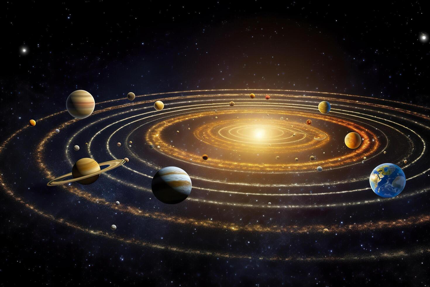 AI generated Our 3d Solar system with planets in orbits path. AI ...
