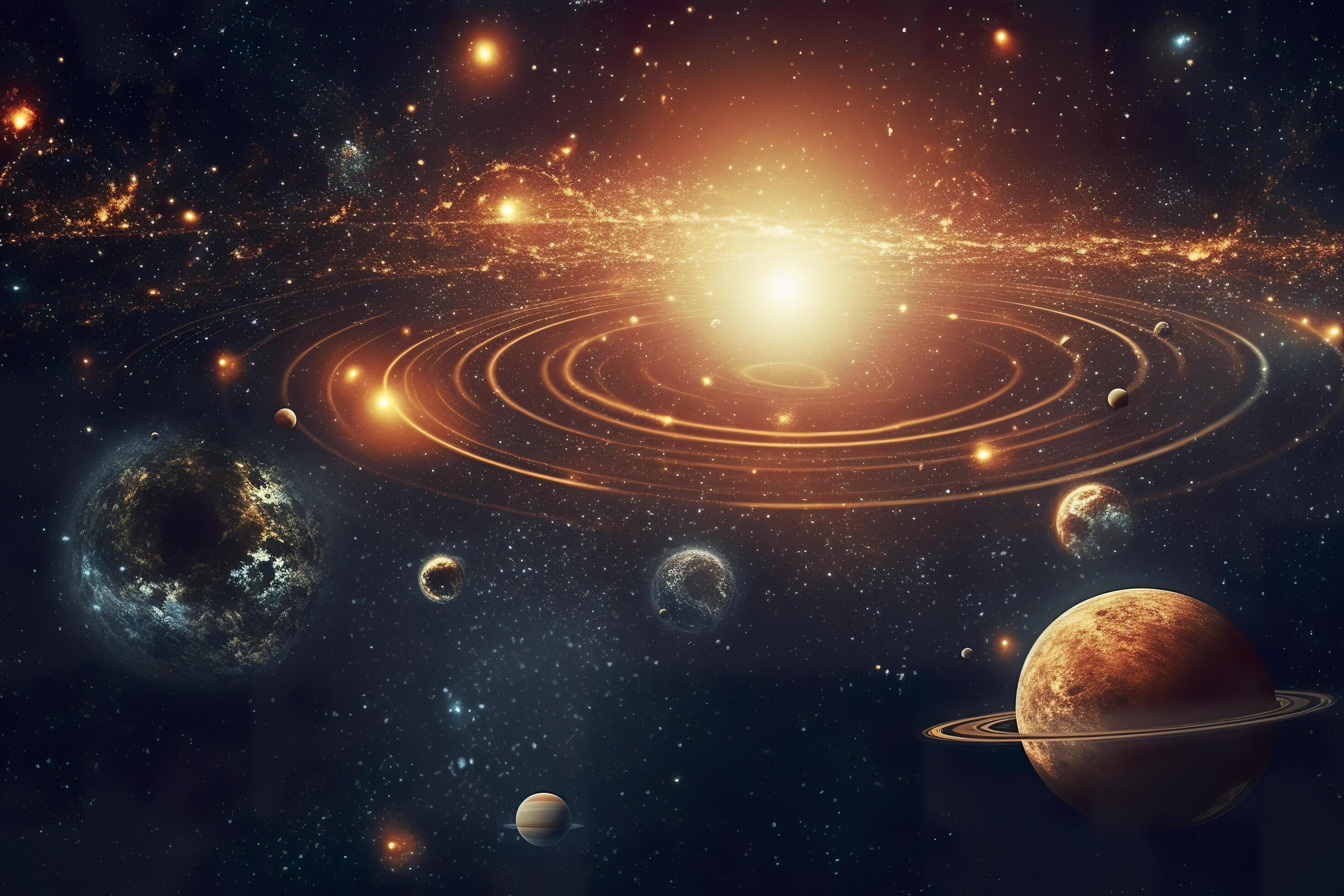 AI generated Our 3d Solar system with planets in orbits path. AI ...