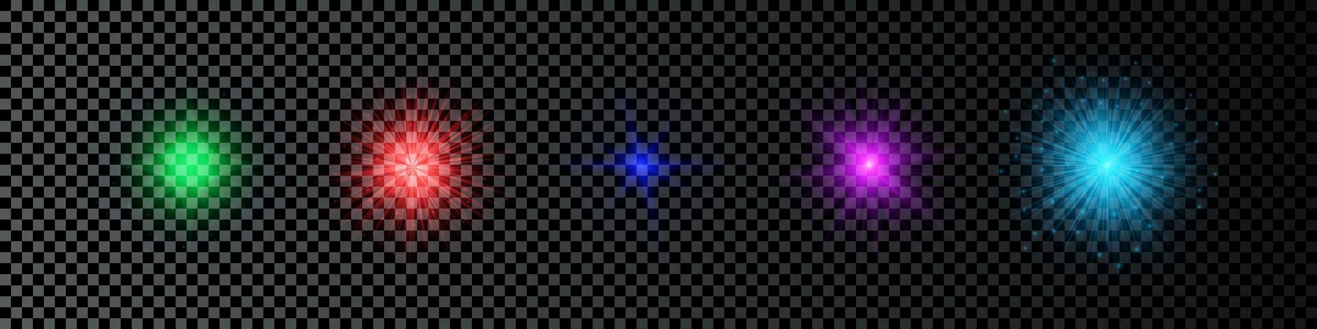 Light effect of lens flares. Set of five multicolor glowing lights starburst effects with ...