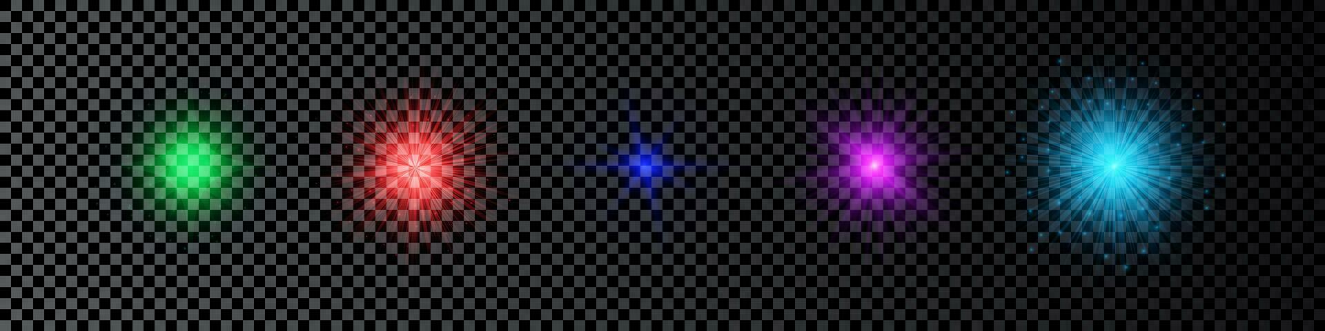 Light effect of lens flares. Set of five multicolor glowing lights starburst effects with ...
