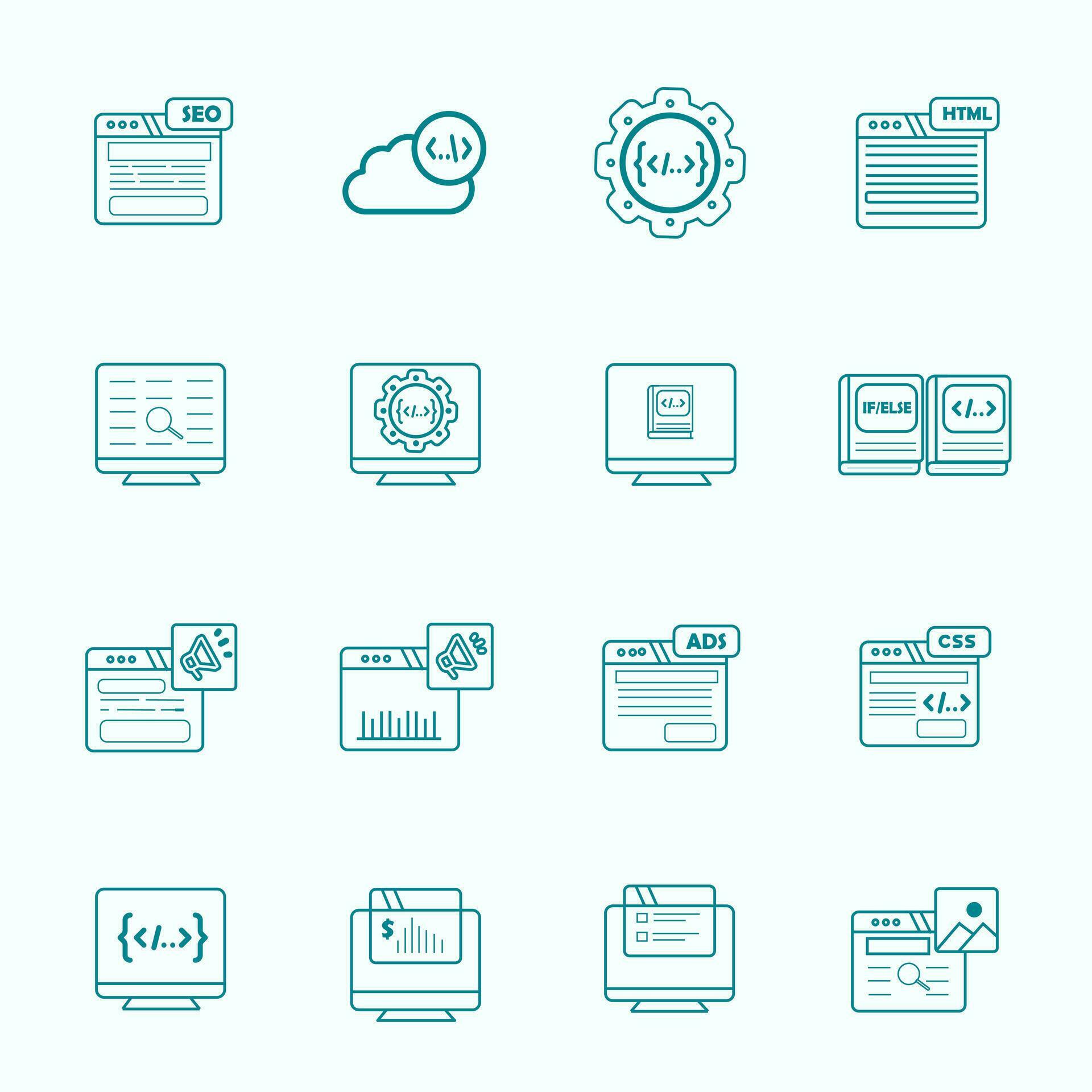 16 icons Digital marketing and web developer, icon coding, icon ...