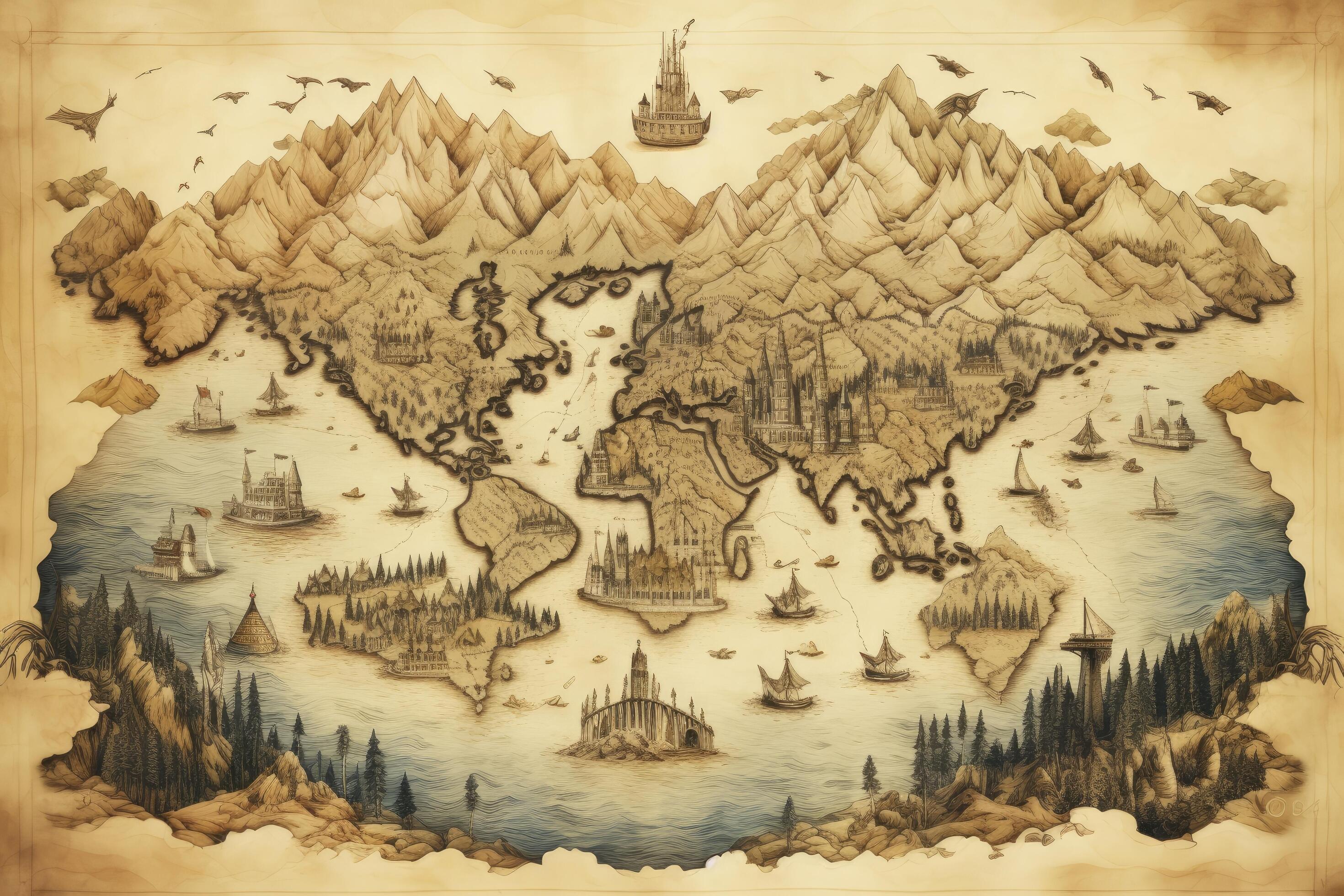 AI generated Great detailed illustration of the world map in vintage ...
