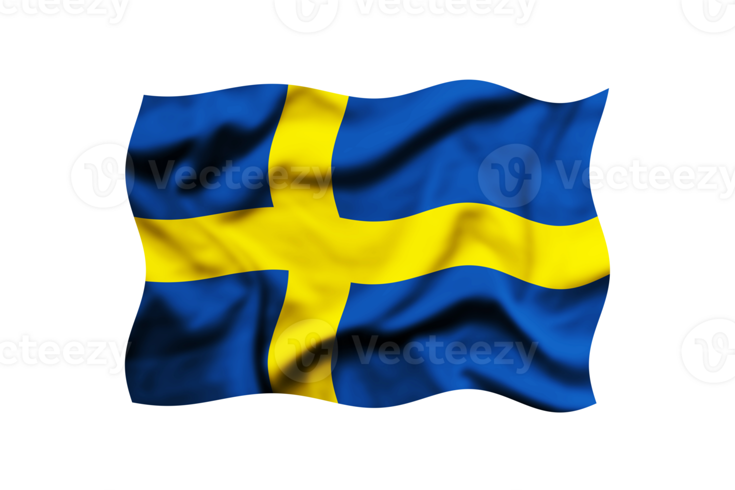 The flag of Sweden is waving in the wind on a transparent background. 3d rendering. Clipping ...