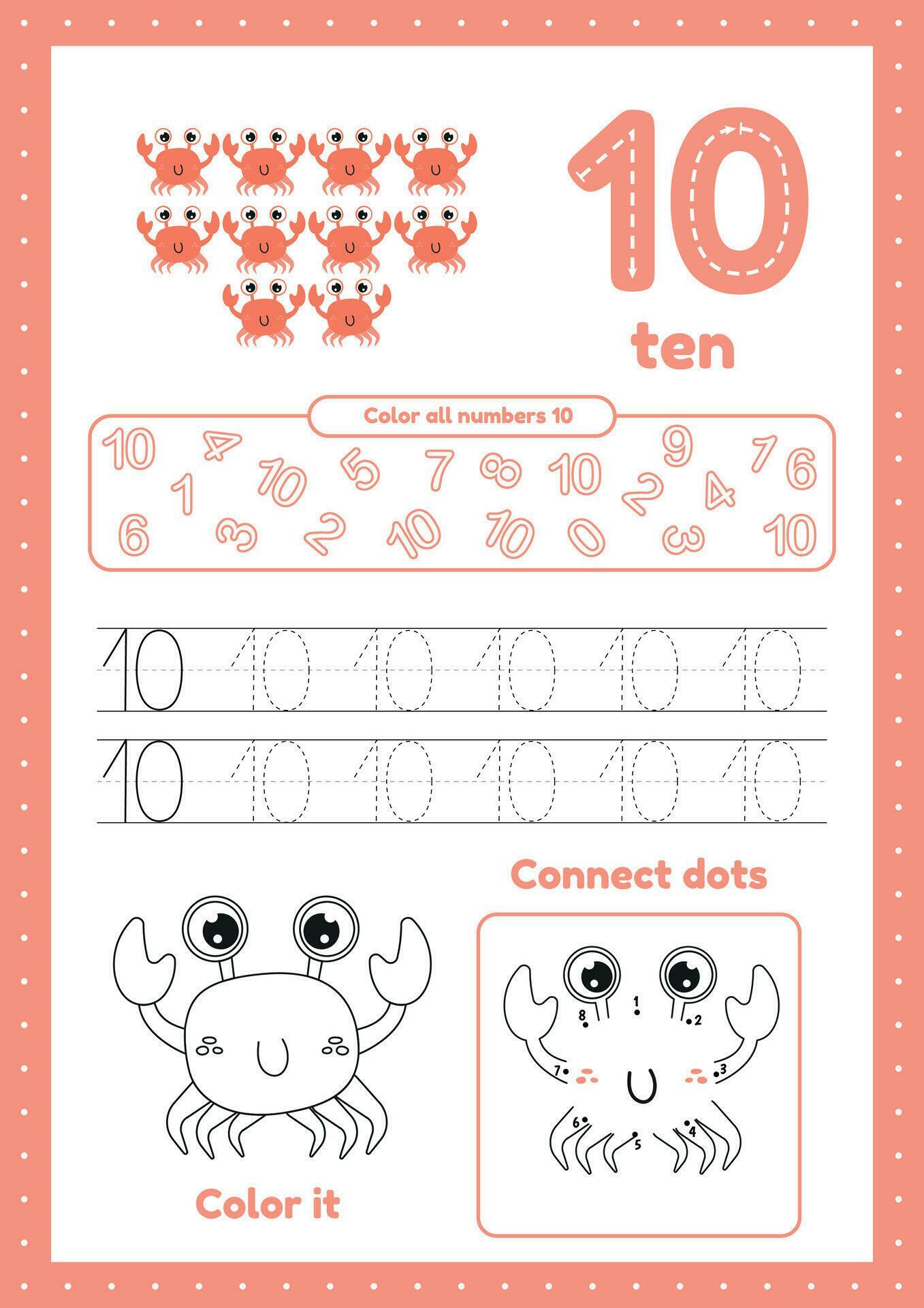 Kids activity page with many exercises. Learn number ten. Coloring ...