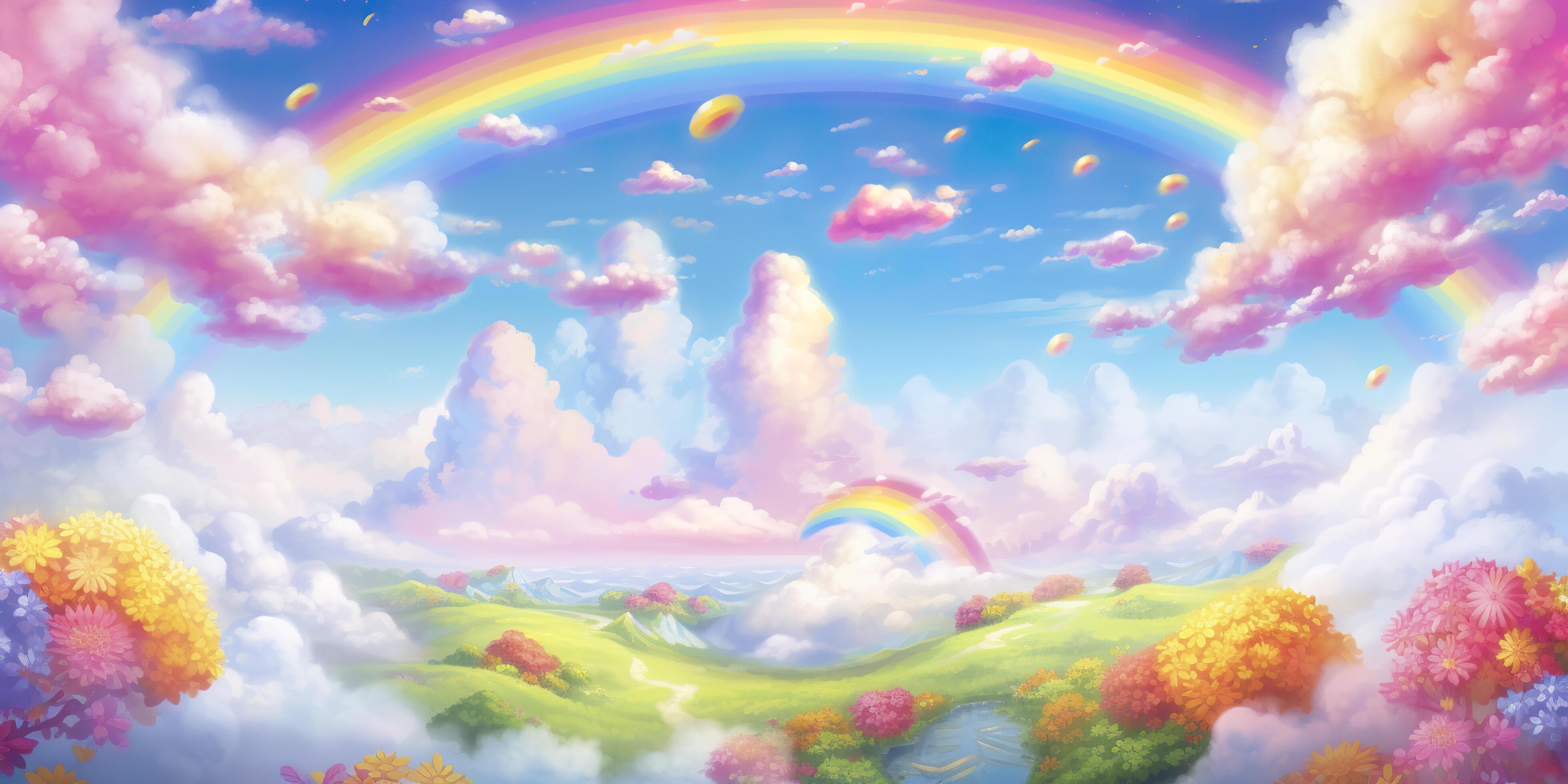 AI generated Fantasy sky rainbow. Fairy skies rainbows colors, magic landscape and dream sky ...