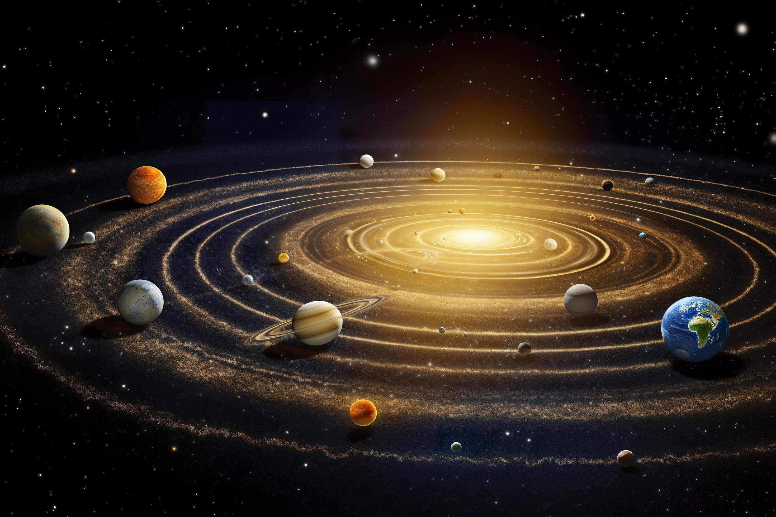AI generated Our 3d Solar system with planets in orbits path. AI ...