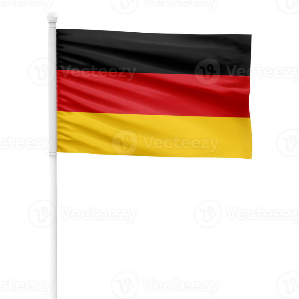 realistisch Rendern von das Deutschland Flagge winken auf ein Weiß Metall Pole mit transparent ...