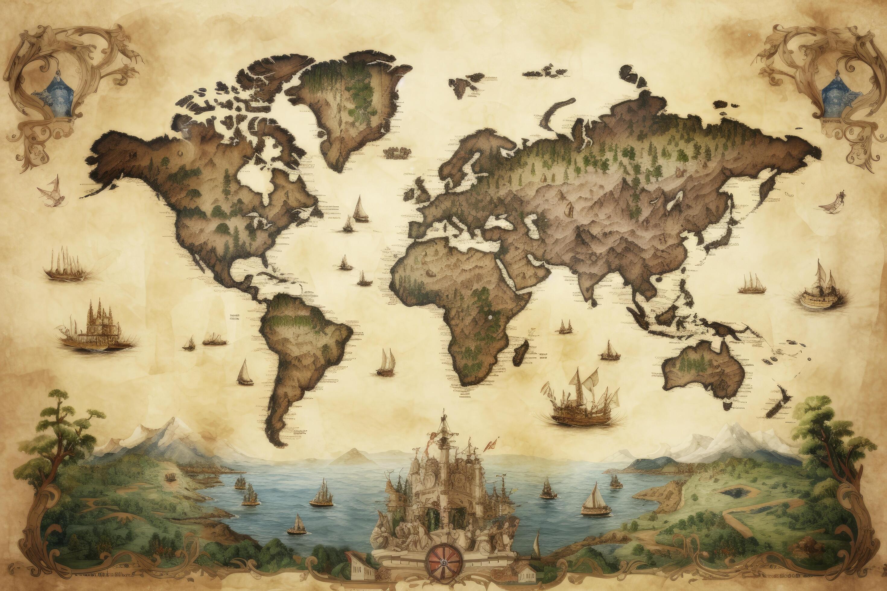 AI generated Great detailed illustration of the world map in vintage ...