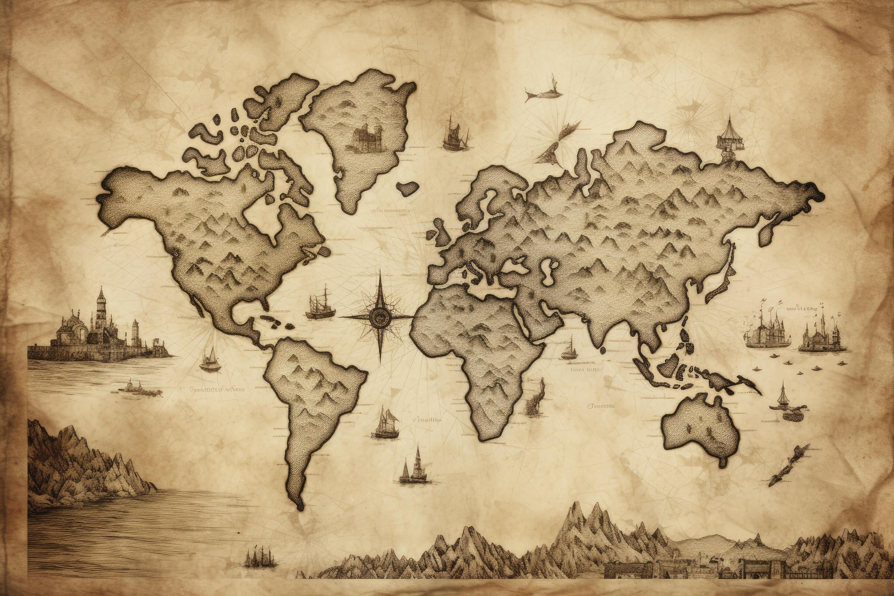 AI generated Great detailed illustration of the world map in vintage ...