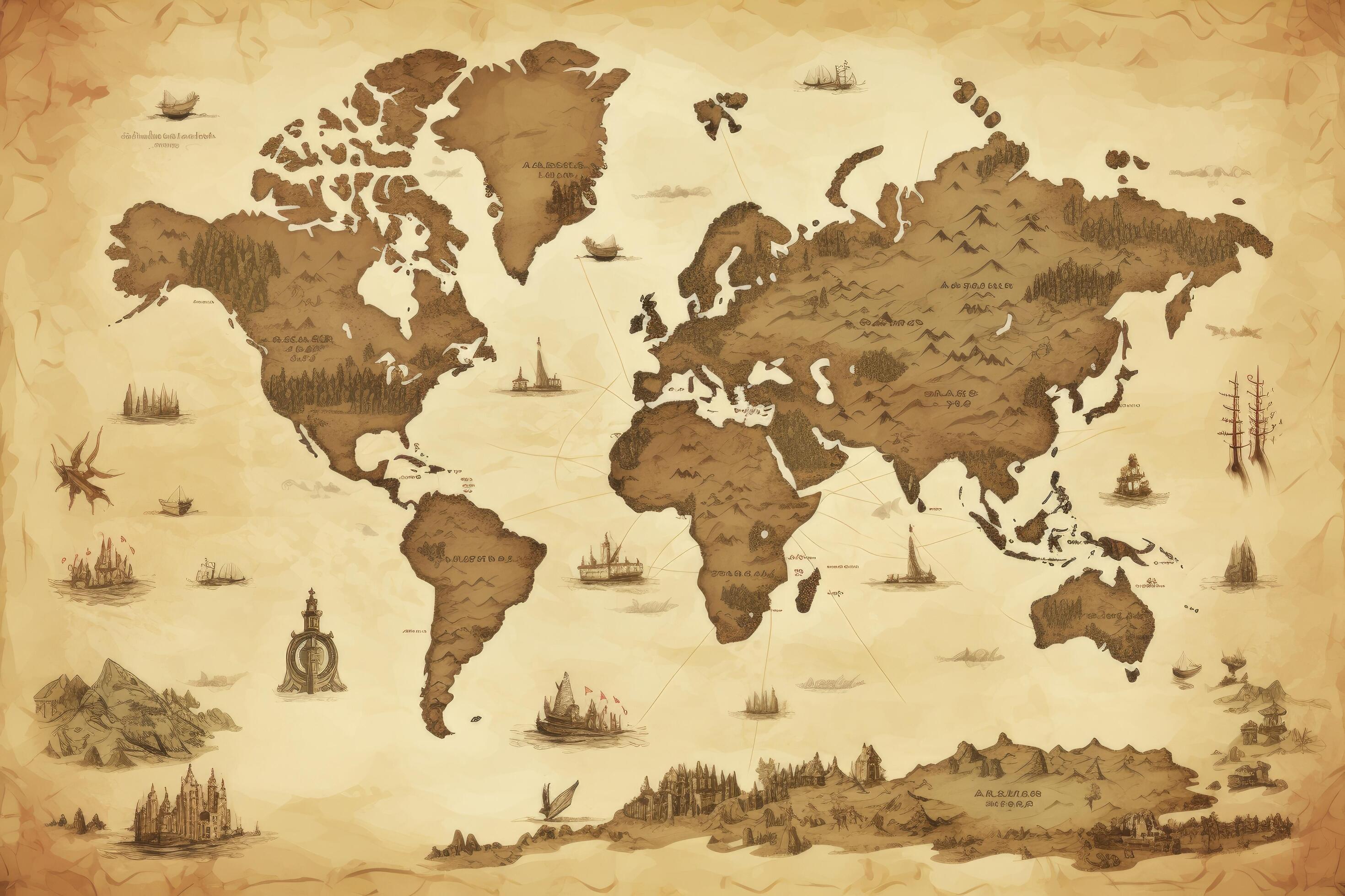 AI generated Great detailed illustration of the world map in vintage ...