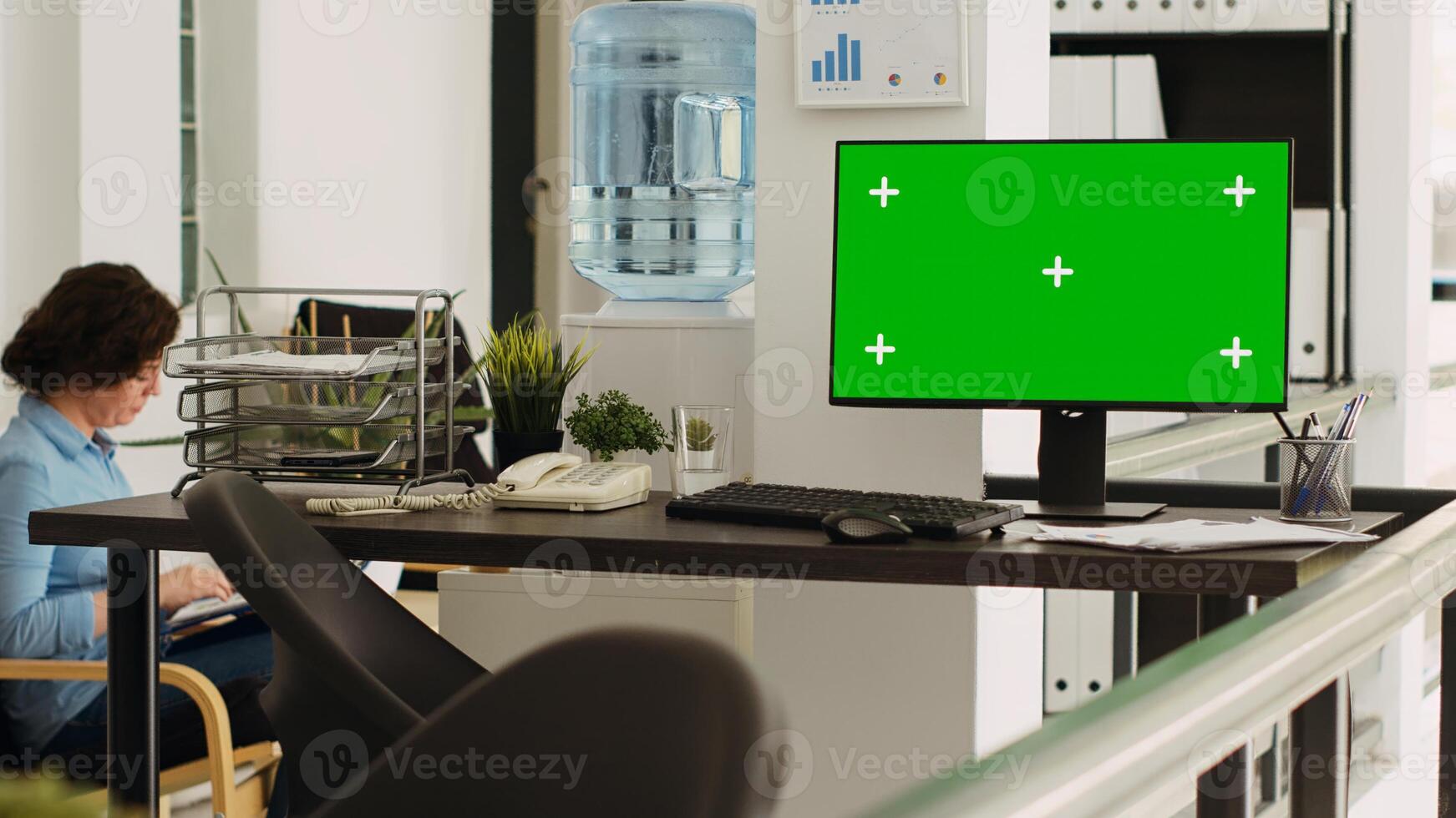 Empty Workstation With Greenscreen Running On Computer Open Floor Plan