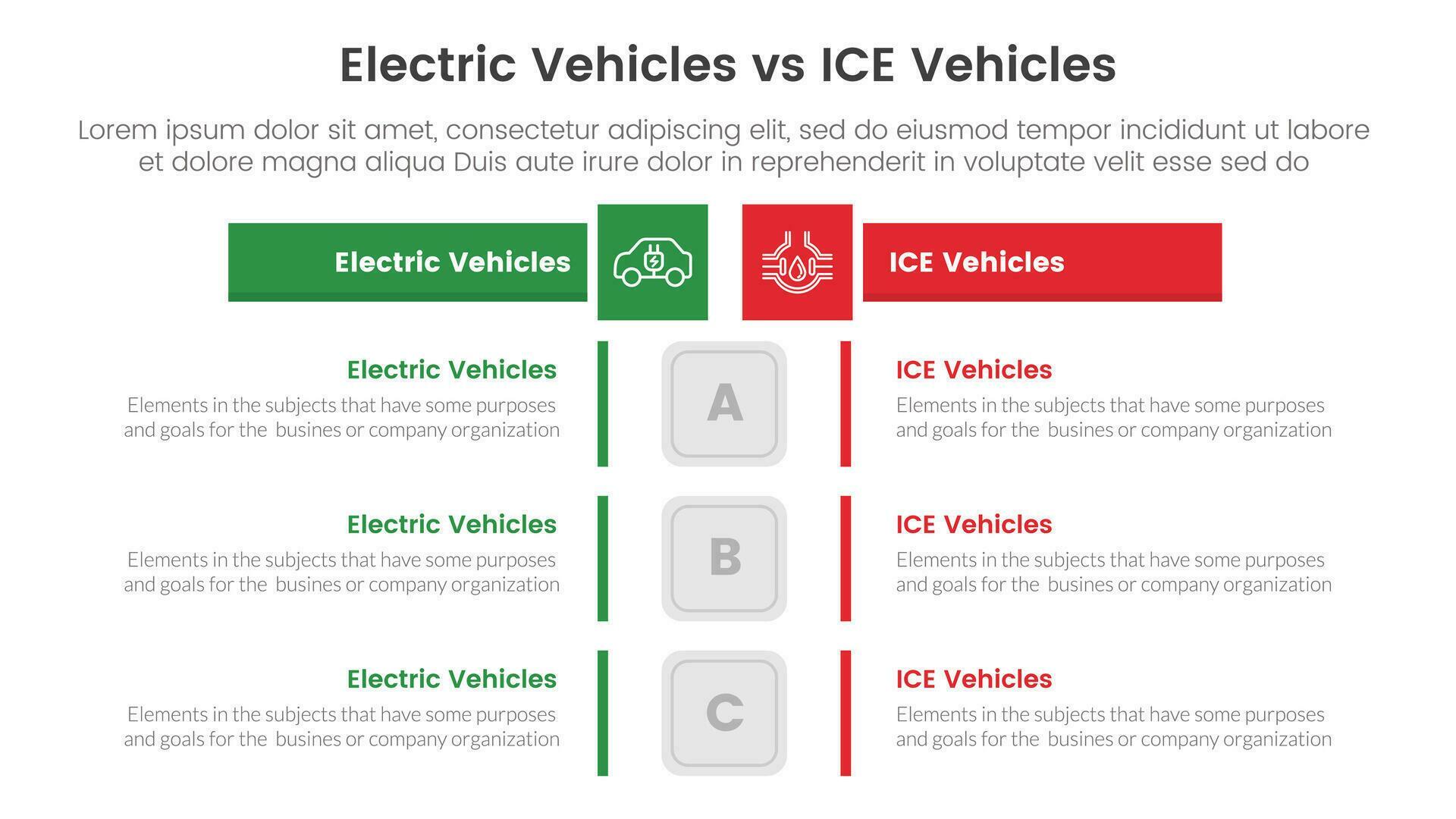 ev vs ice electric vehicle comparison concept for infographic template banner with box rectangle ...