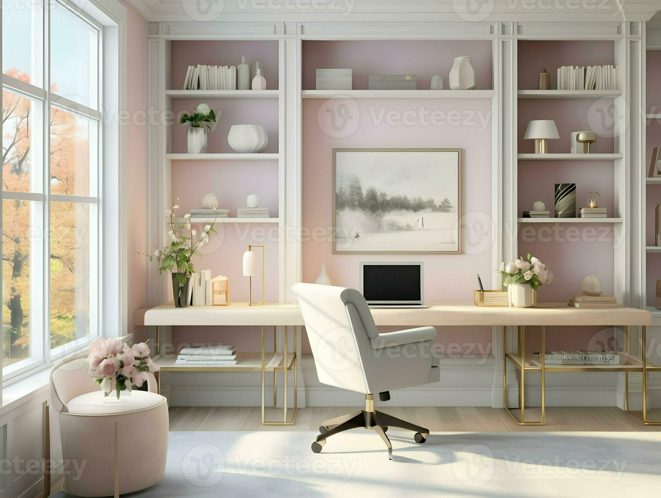 AI generated Light pink stylish home office with shelves and a desk and ...