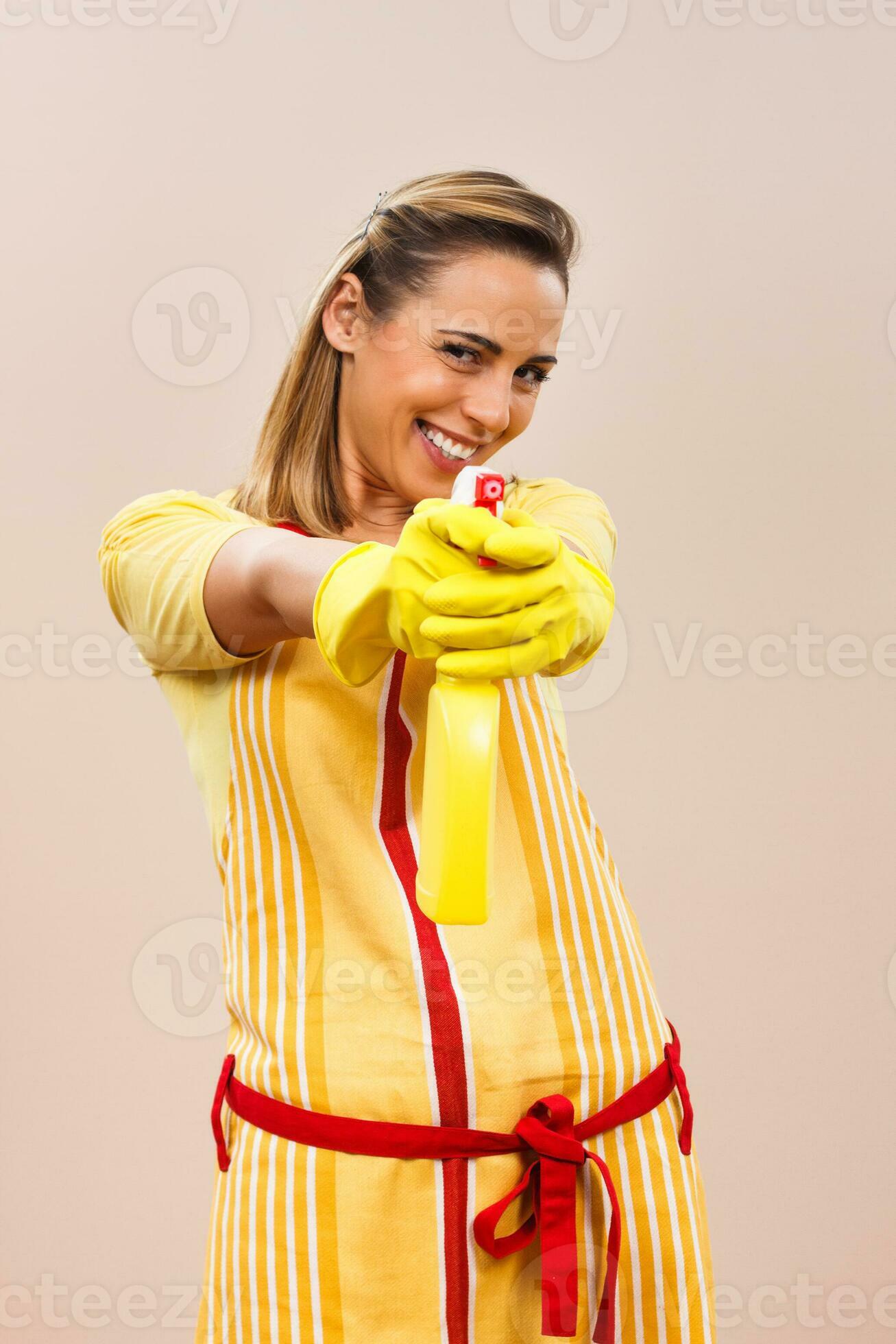 Portrait Of Happy Housewife Having Fun While Cleaning 35270782 Stock