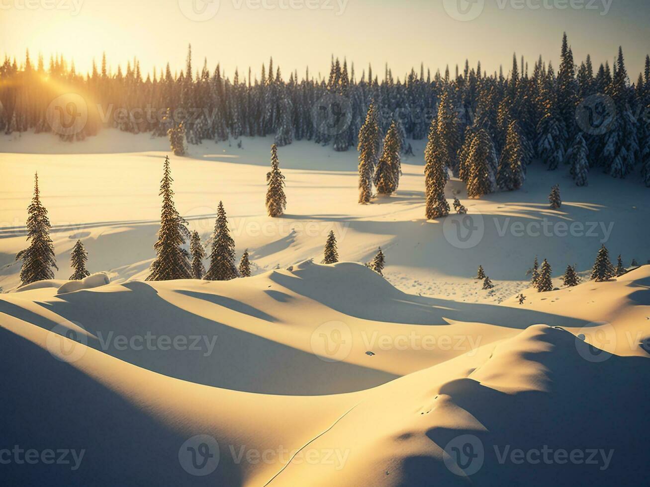 AI generated beautiful winter landscape with sunset in the snowy ...