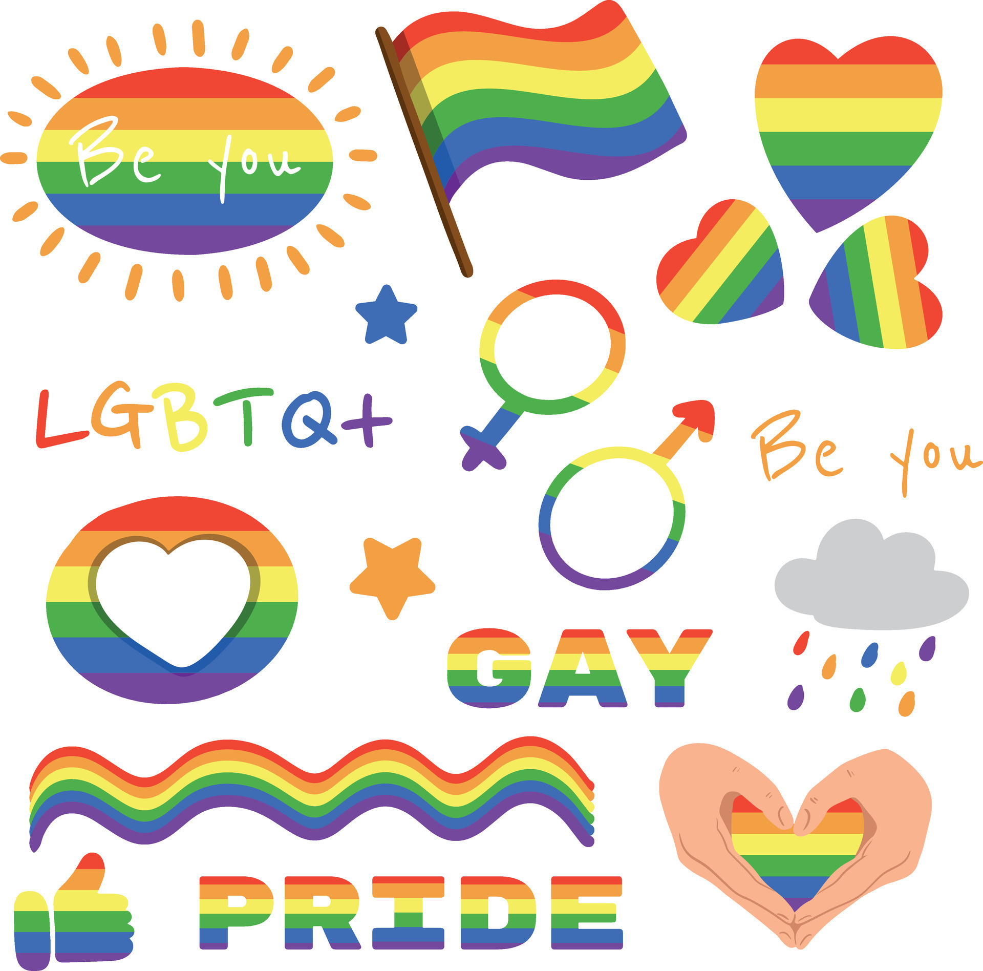 Vector set of LGBTQ community symbols with pride flags, gender signs ...