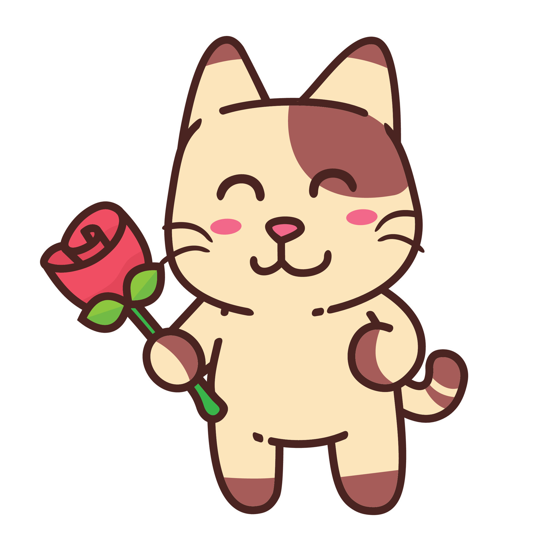 Cute Adorable Happy Brown Cat And Rose Flower Cartoon Doodle Vector