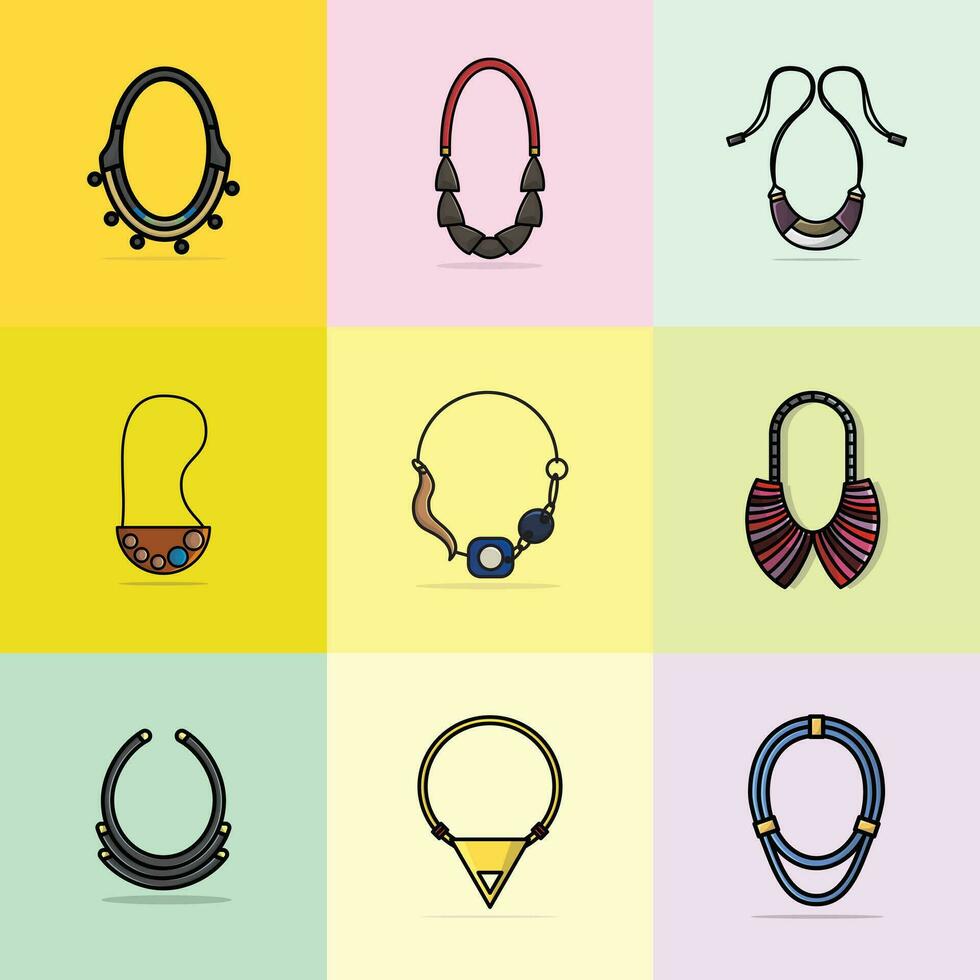 Colección De 9 9 Muchachas Moda Fiesta Collares Vector Ilustración