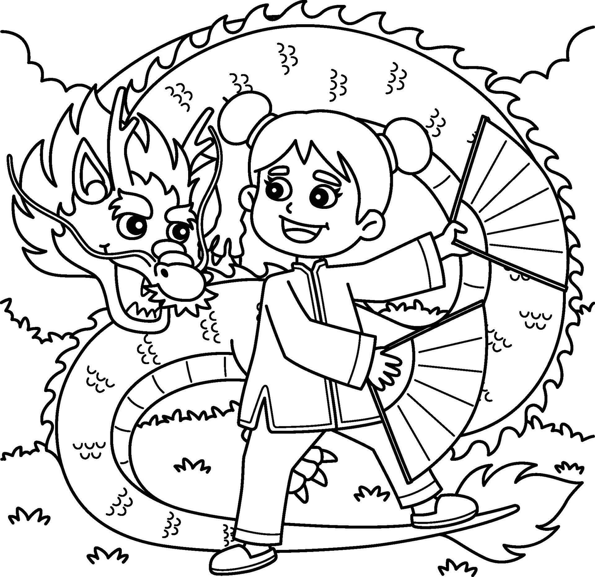 Year of the Dragon Chinese Girl Coloring Page 35302109 Vector Art at ...