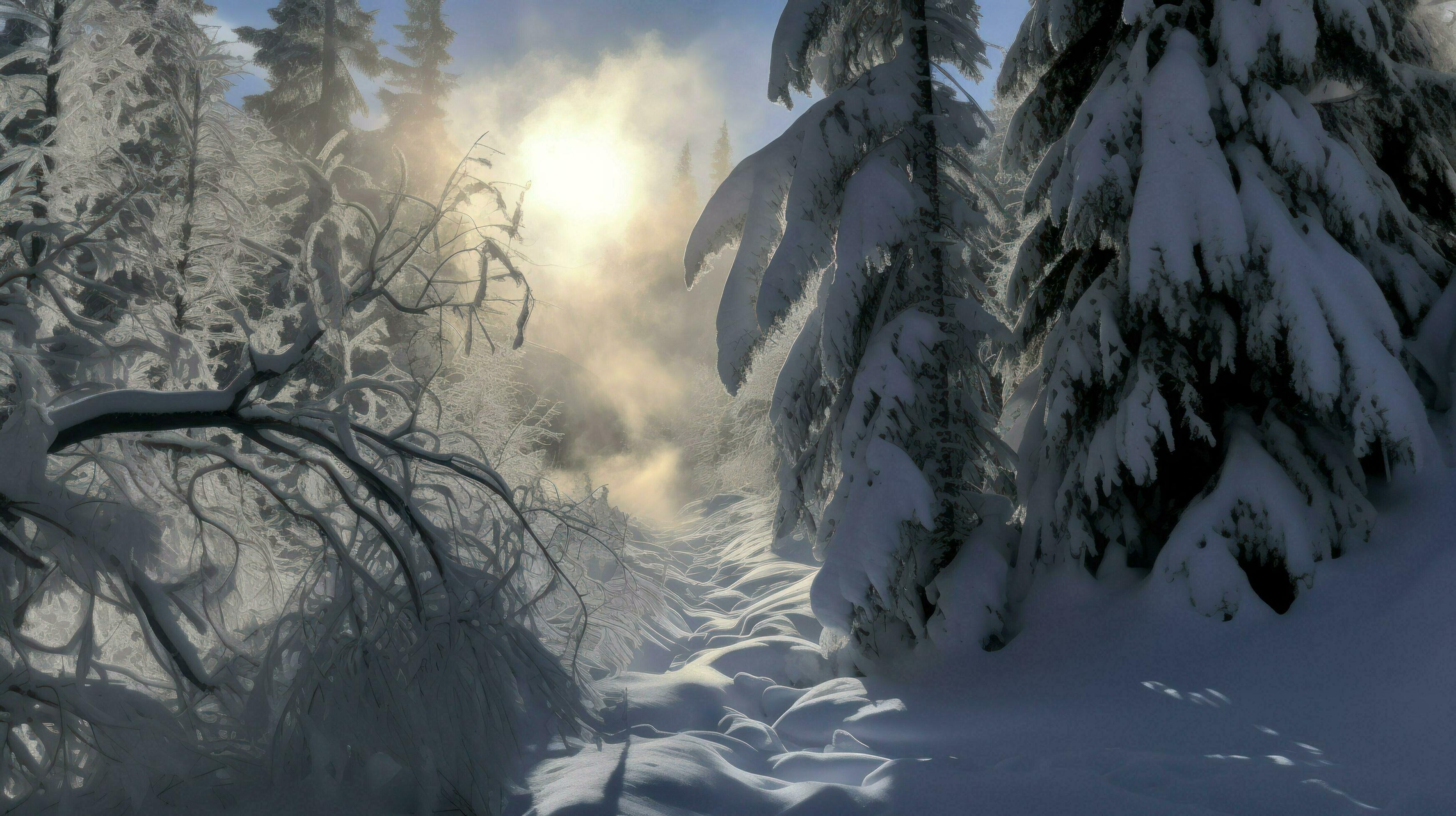 AI generated A serene winter scene of a snowy forest with tall trees ...