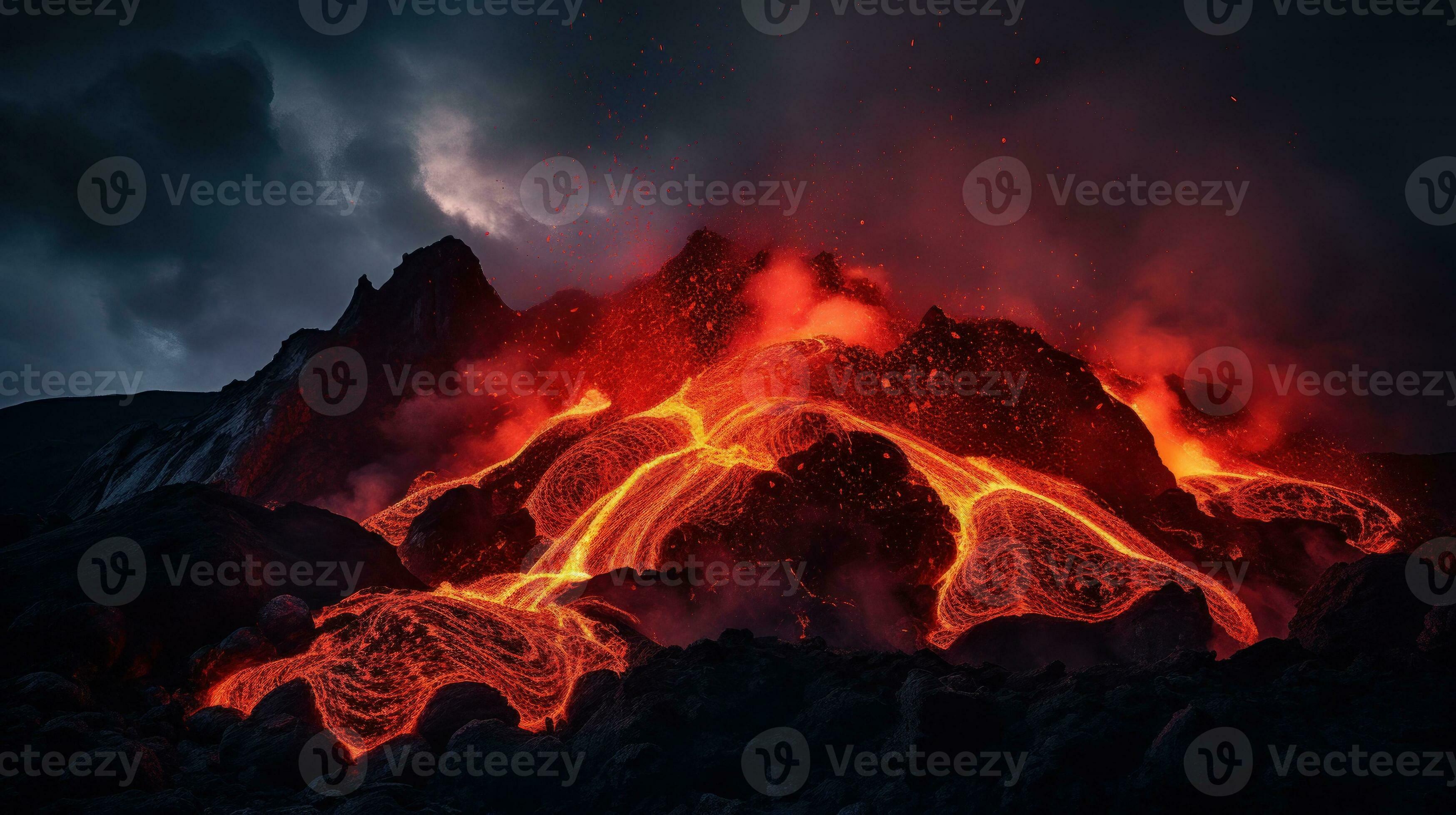 AI generated Volcano erupting with flowing lava. Generative AI 35314081 ...