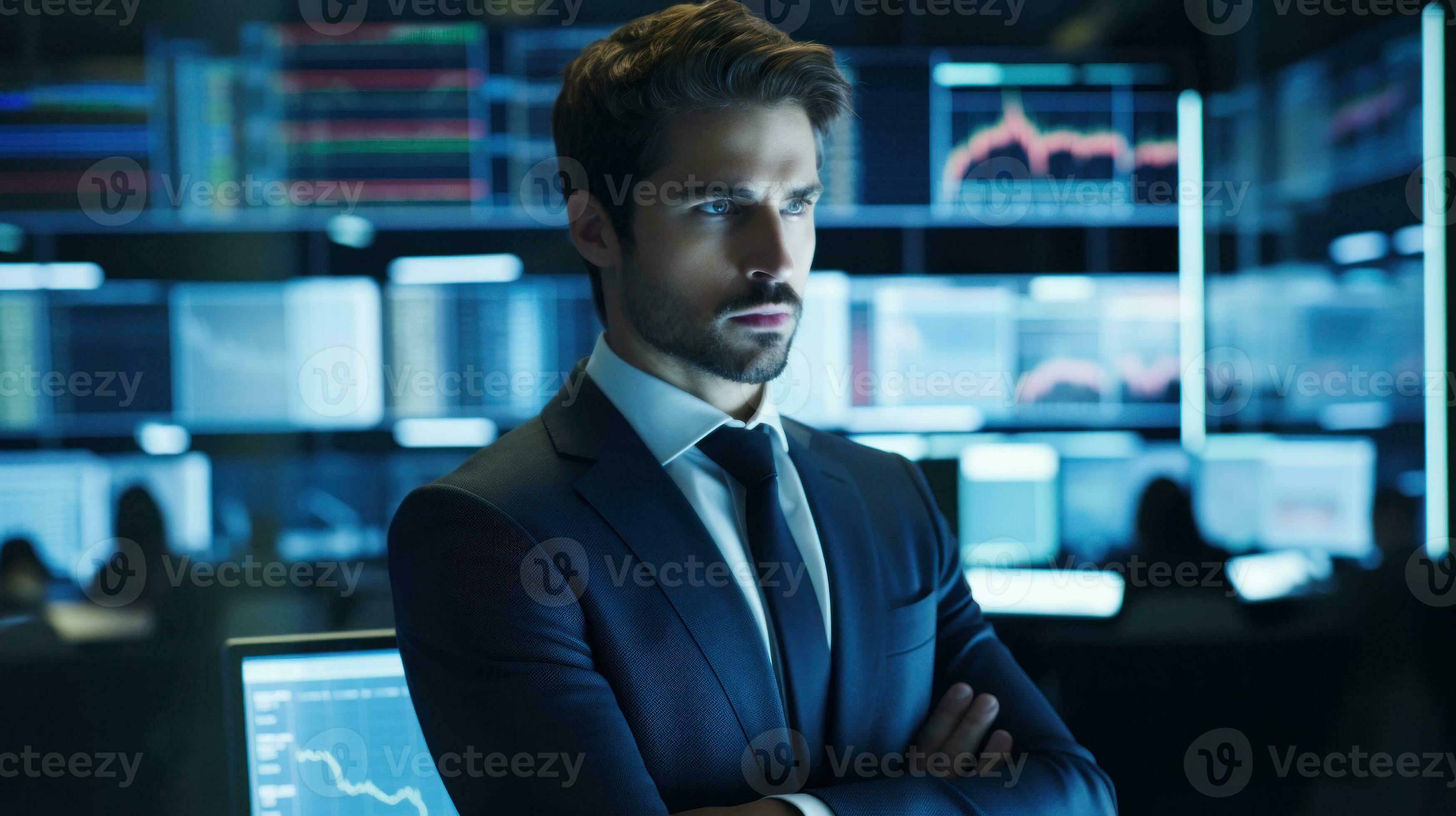 AI generated A man in a suit standing in front of a computer screen ...