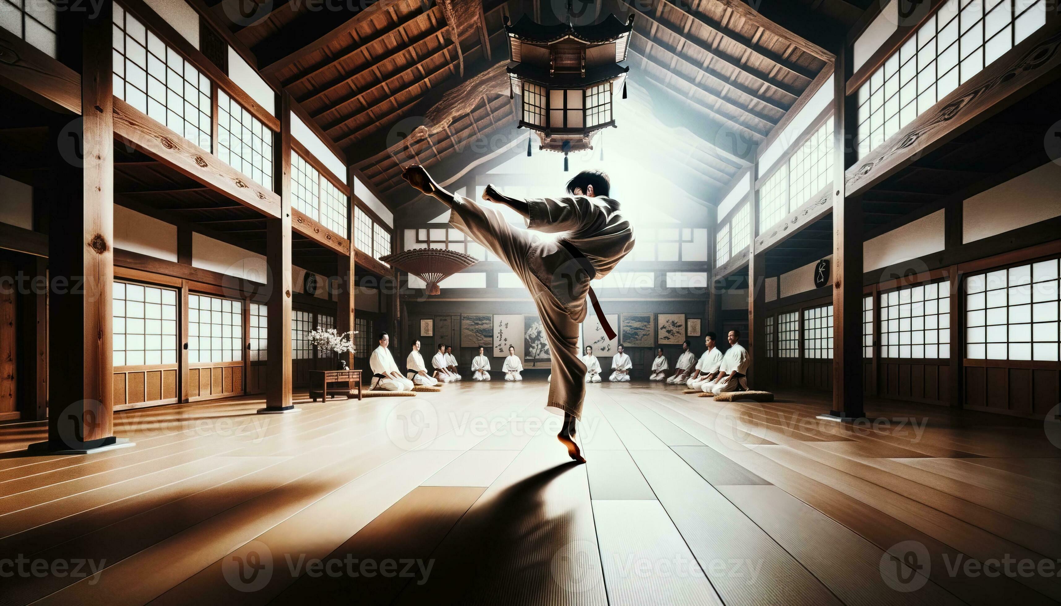 AI generated A man in a karate outfit performing a high kick with focused determination and ...