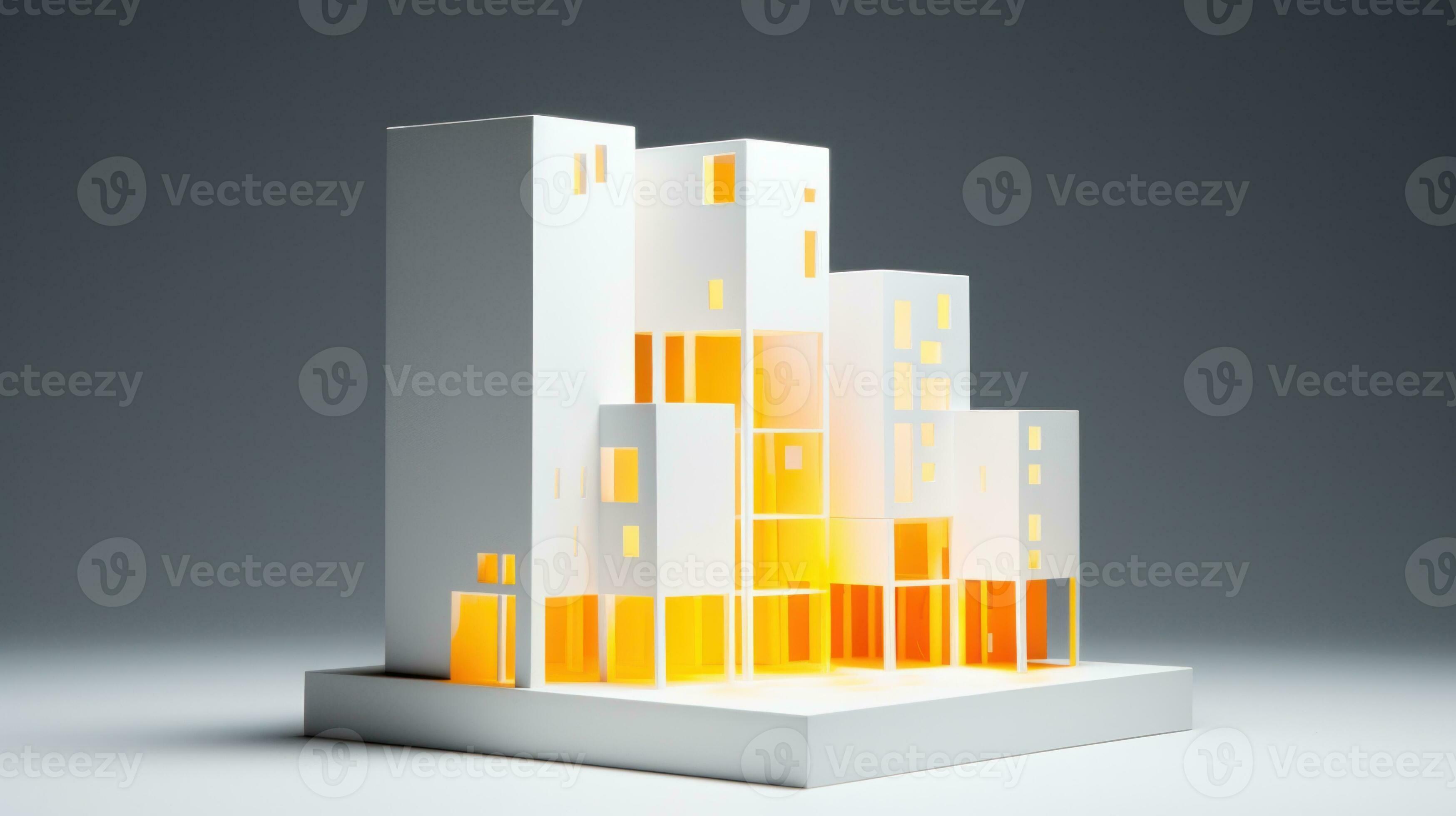AI generated A tall building model illuminated by orange lights ...