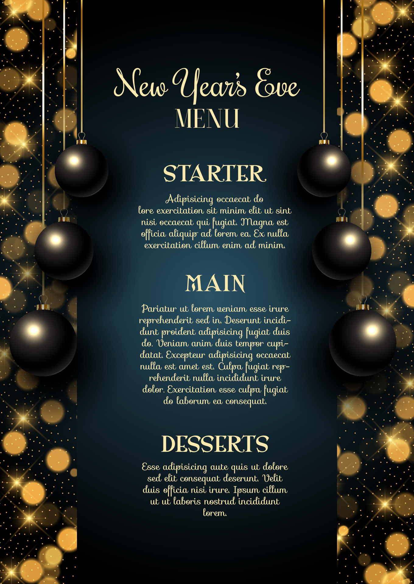 Elegant New Years Eve menu design with hanging baubles 35317829 Vector Art at Vecteezy