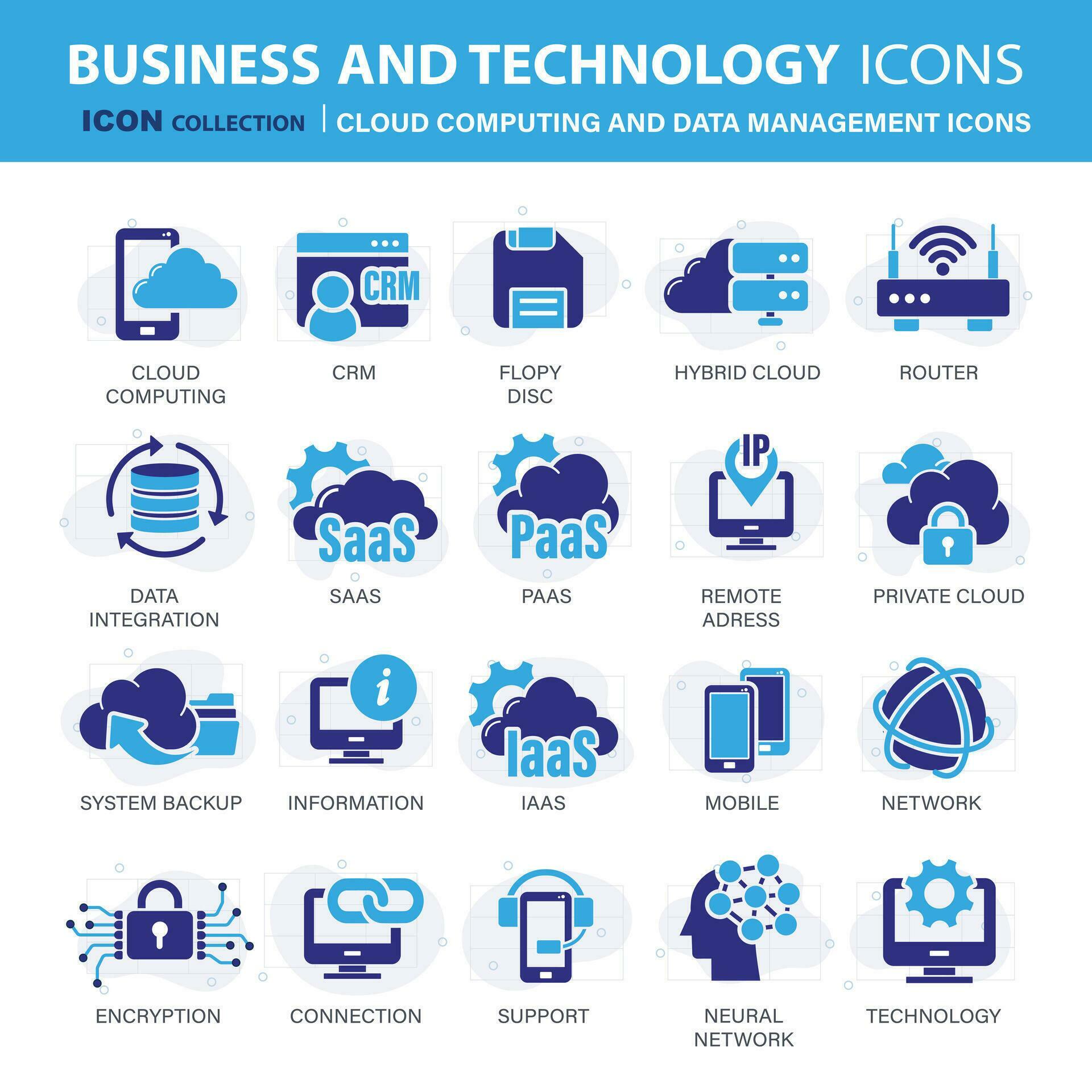 Technology, cloud computing and data management icon set. Mobile, computing, connections, cloud ...