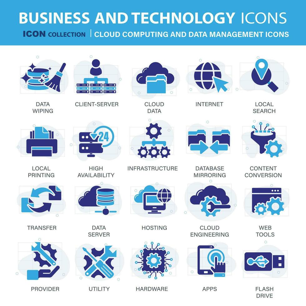 Technology, cloud computing and data management icon set. Mobile, computing, connections, cloud ...