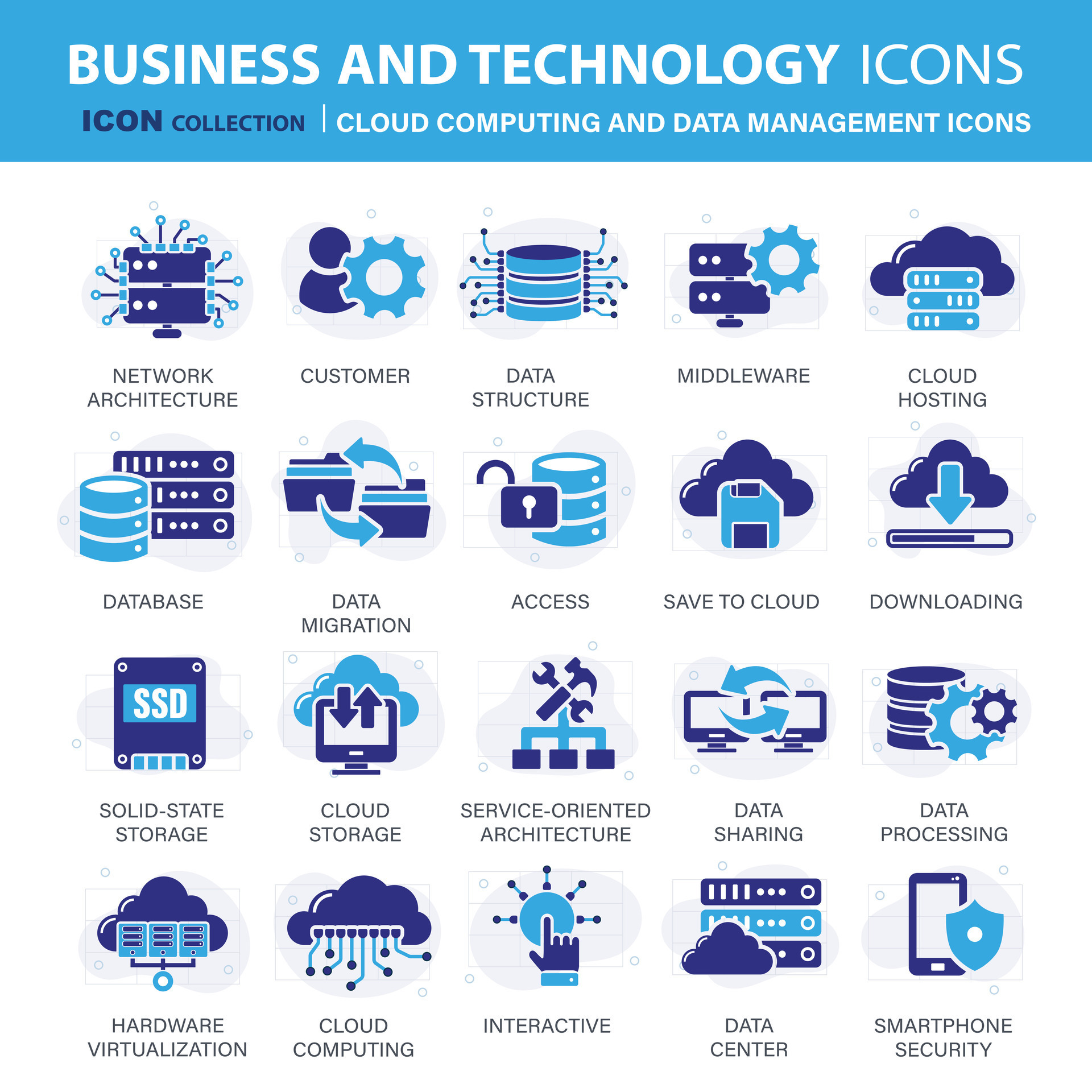 Technology, cloud computing and data management icon set. Mobile ...