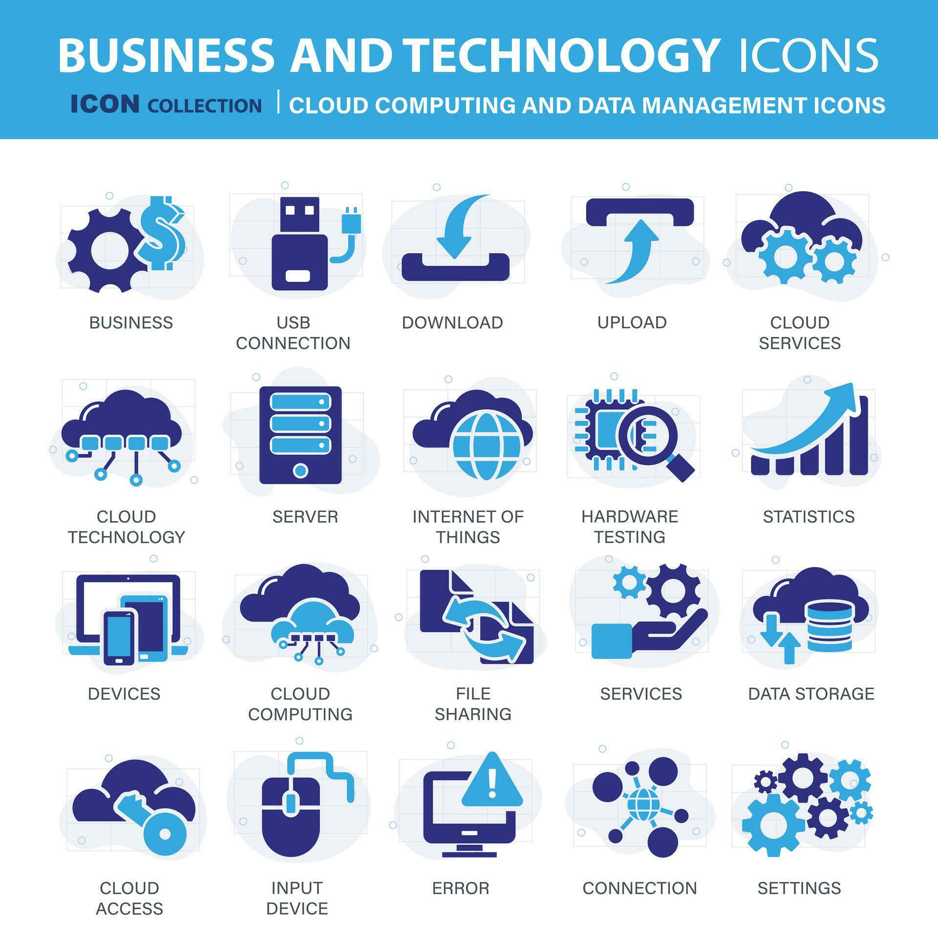 Technology, cloud computing and data management icon set. Mobile, computing, connections, cloud ...
