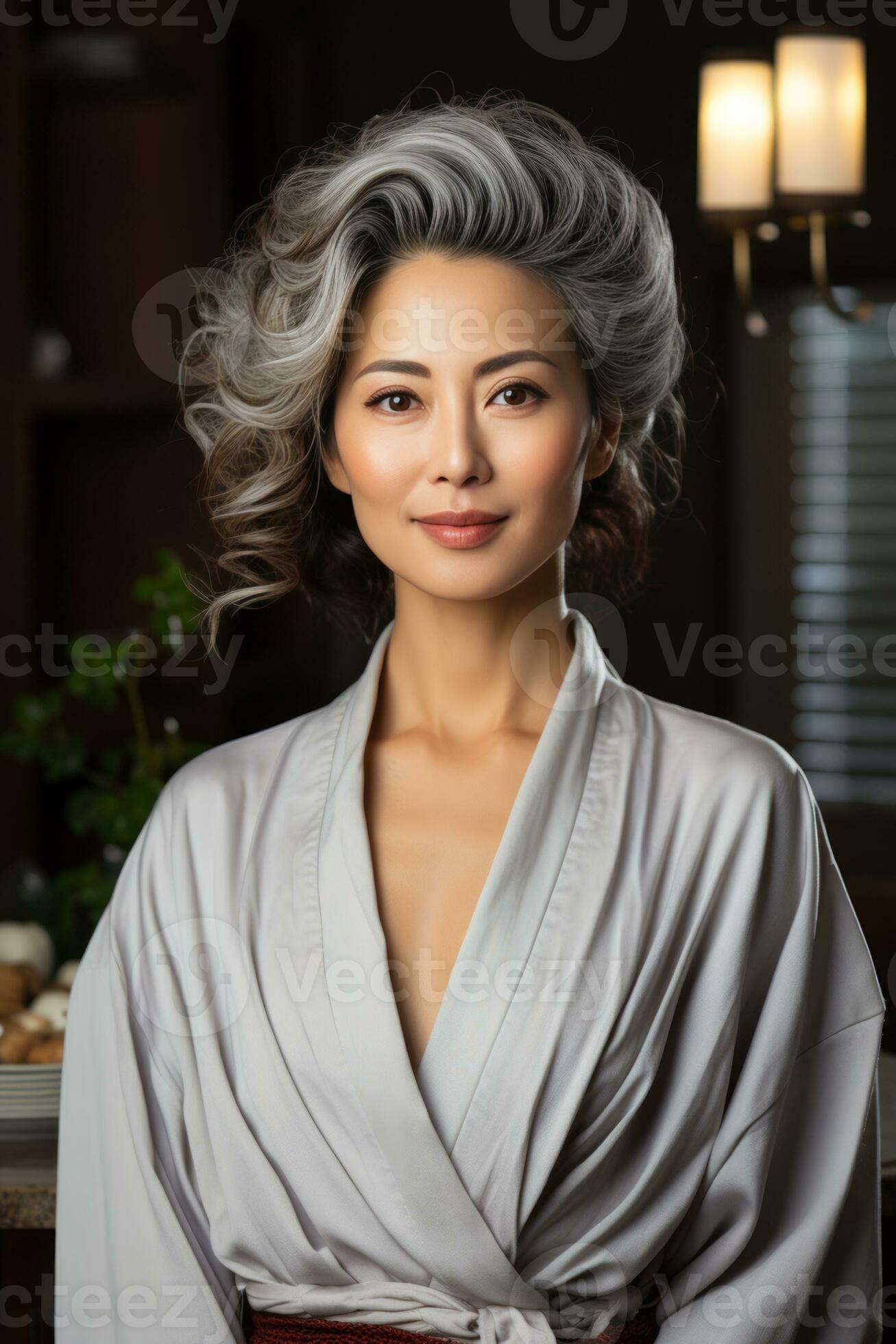Ai Generated Asian Woman With Grey Hair And A Robe Created With Generative Ai Technology
