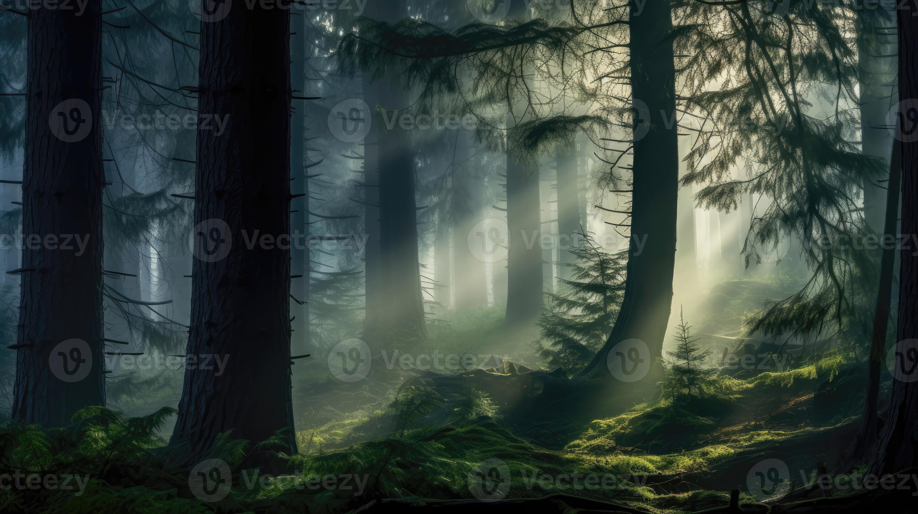 AI generated Ethereal swirls of mist weaving between towering pine trees in a mysterious and ...