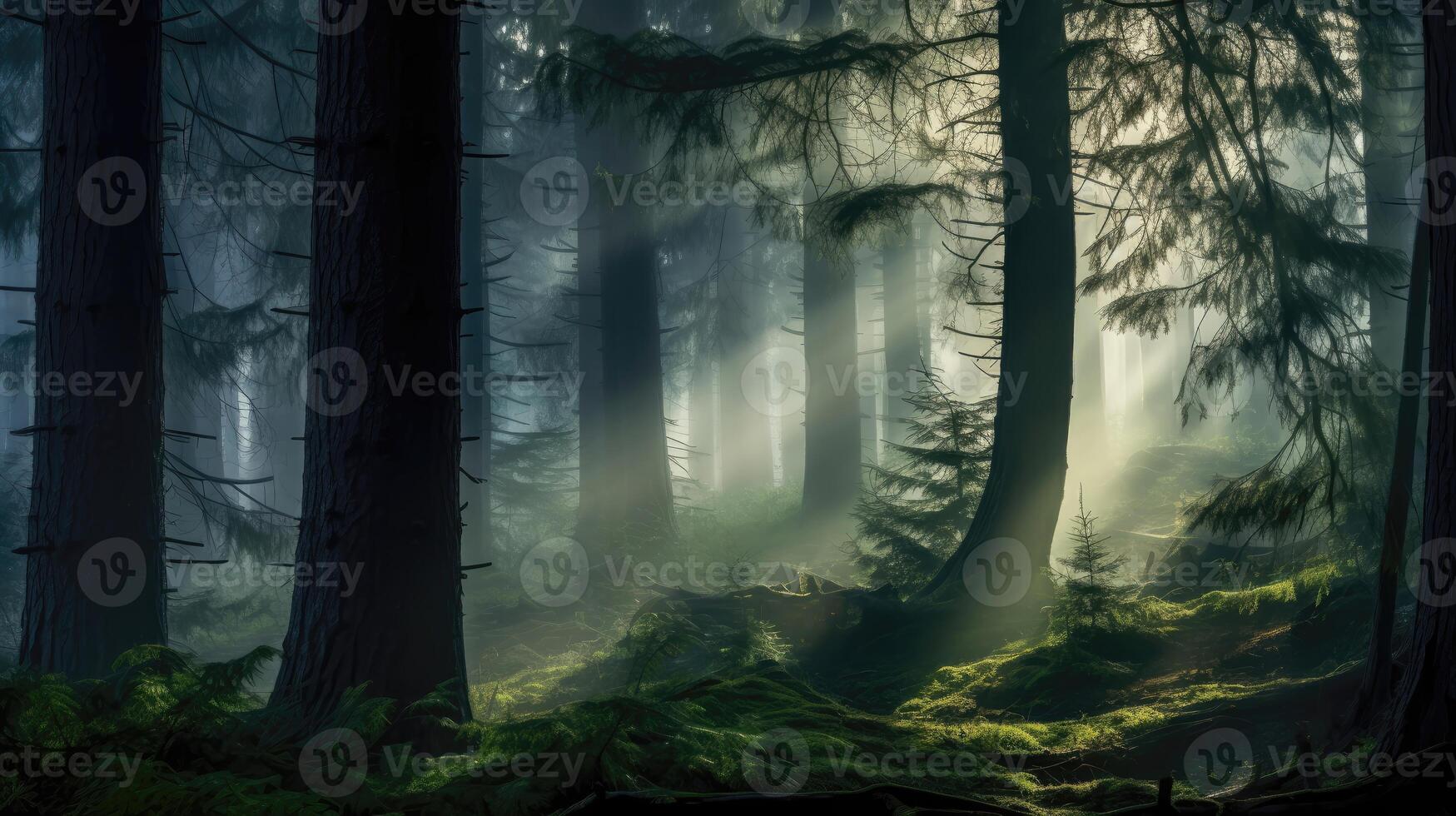 AI generated Ethereal swirls of mist weaving between towering pine trees in a mysterious and ...