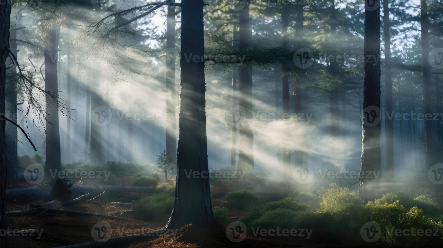 AI generated Ethereal swirls of mist weaving between towering pine trees in a mysterious and ...