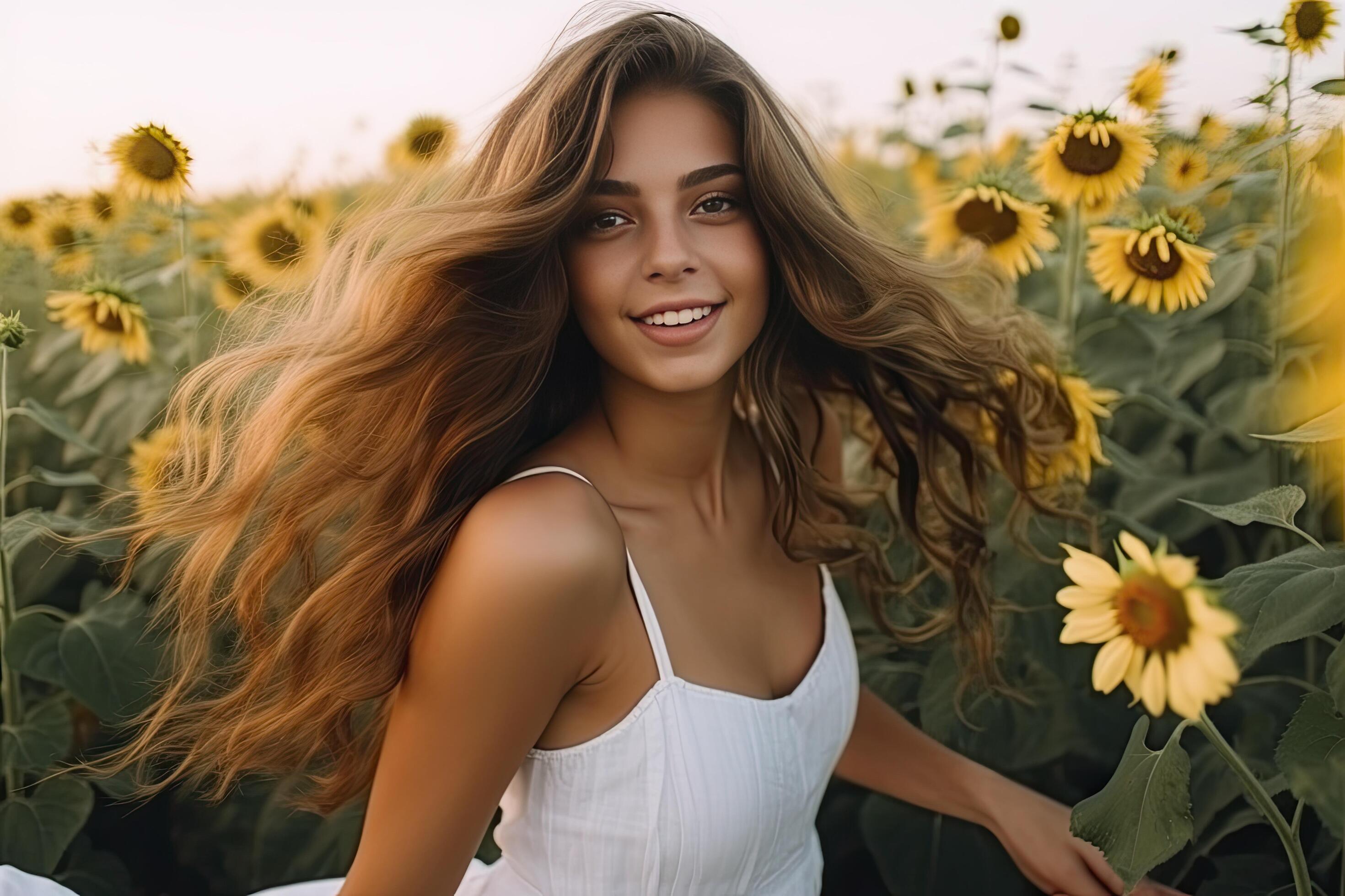 AI generated 20 year old Young Girl in a white dress and playing in a sunflower field. 35326725 ...