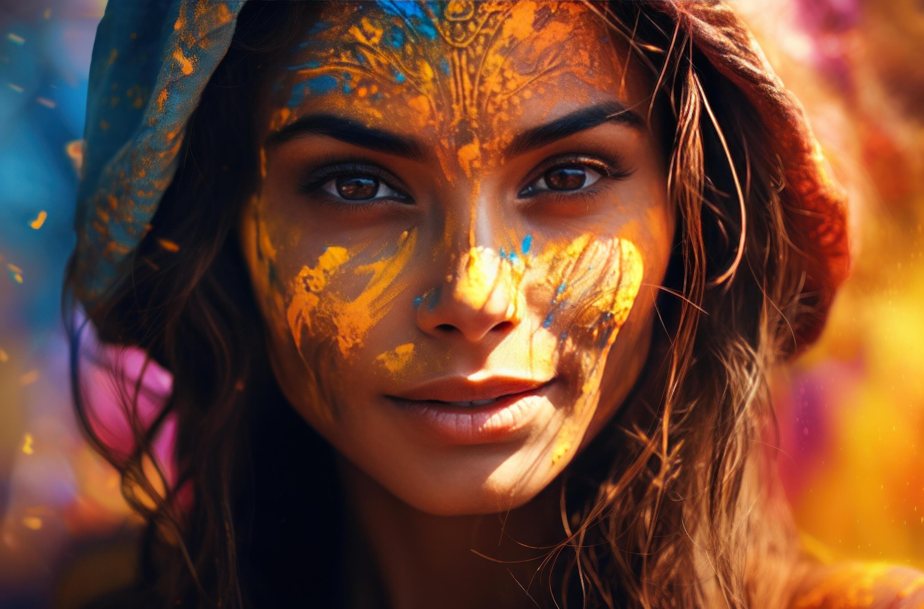 AI generated the beautiful woman painting her face with colorful holi ...
