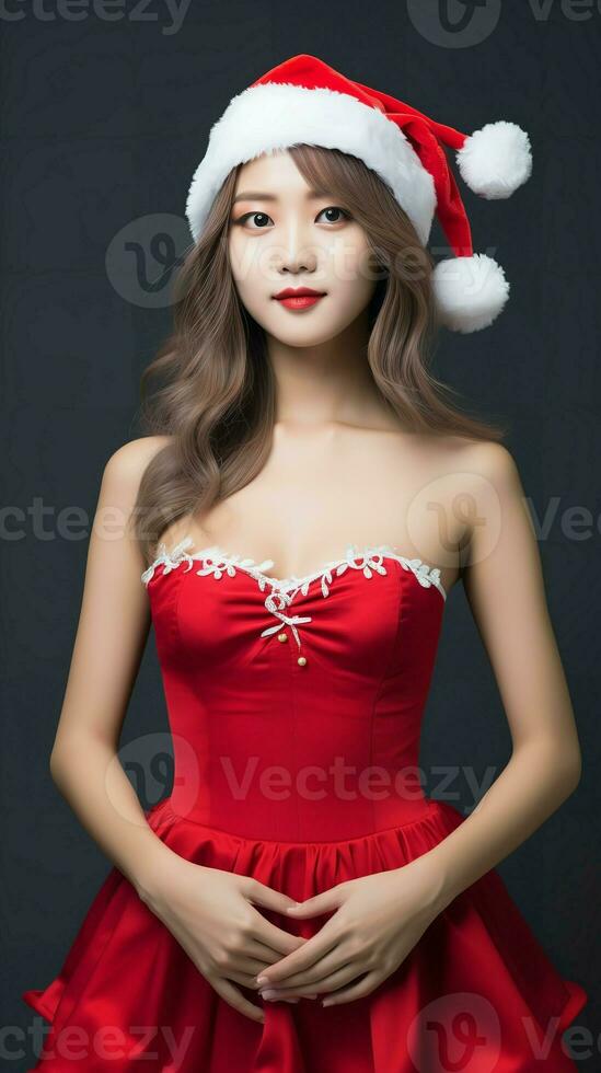 AI generated Asian women pose while wearing red Santa Claus outfits, Generative AI. 35336955 ...