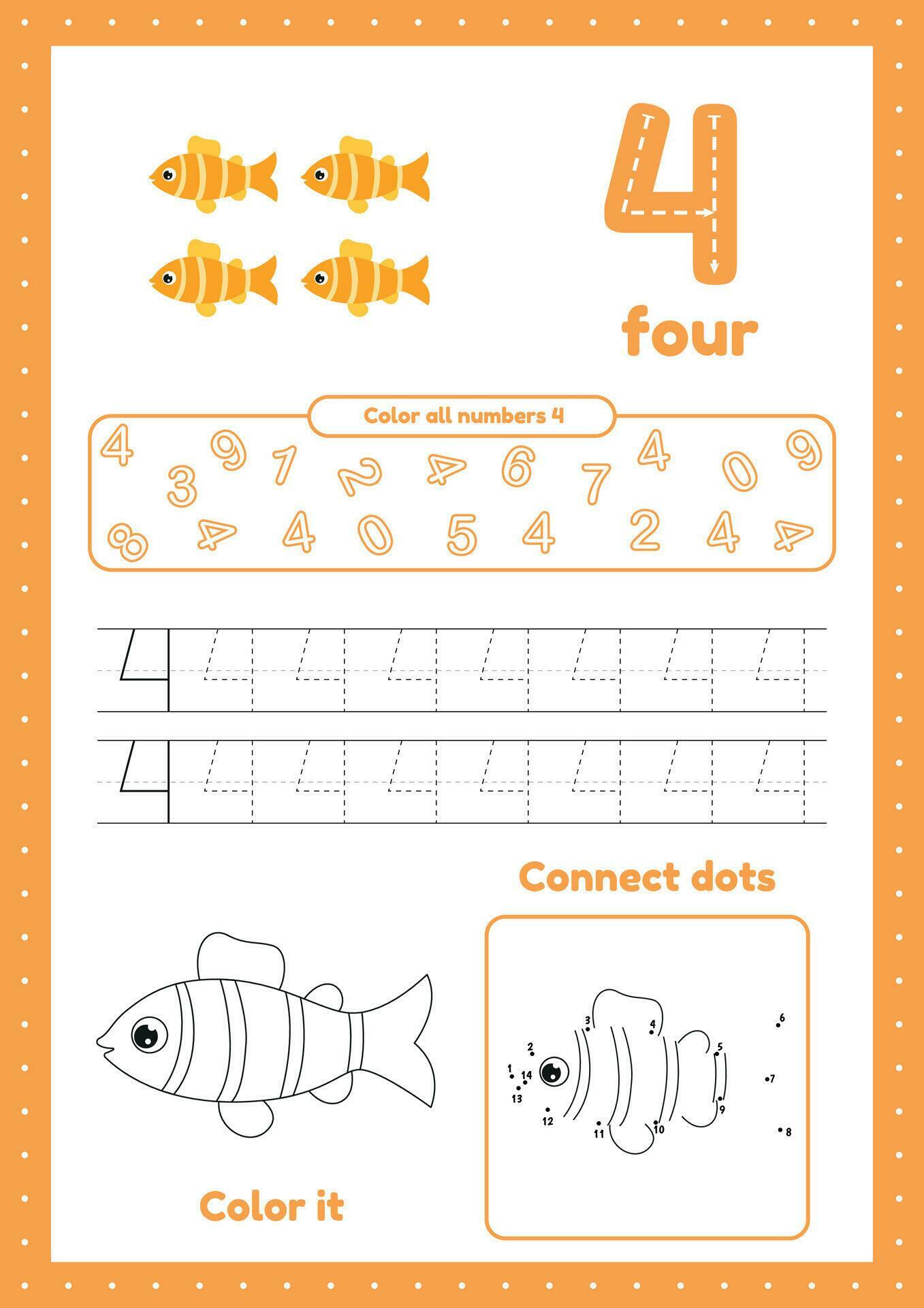 Kids preschool worksheet with many exercises. Learn number four ...