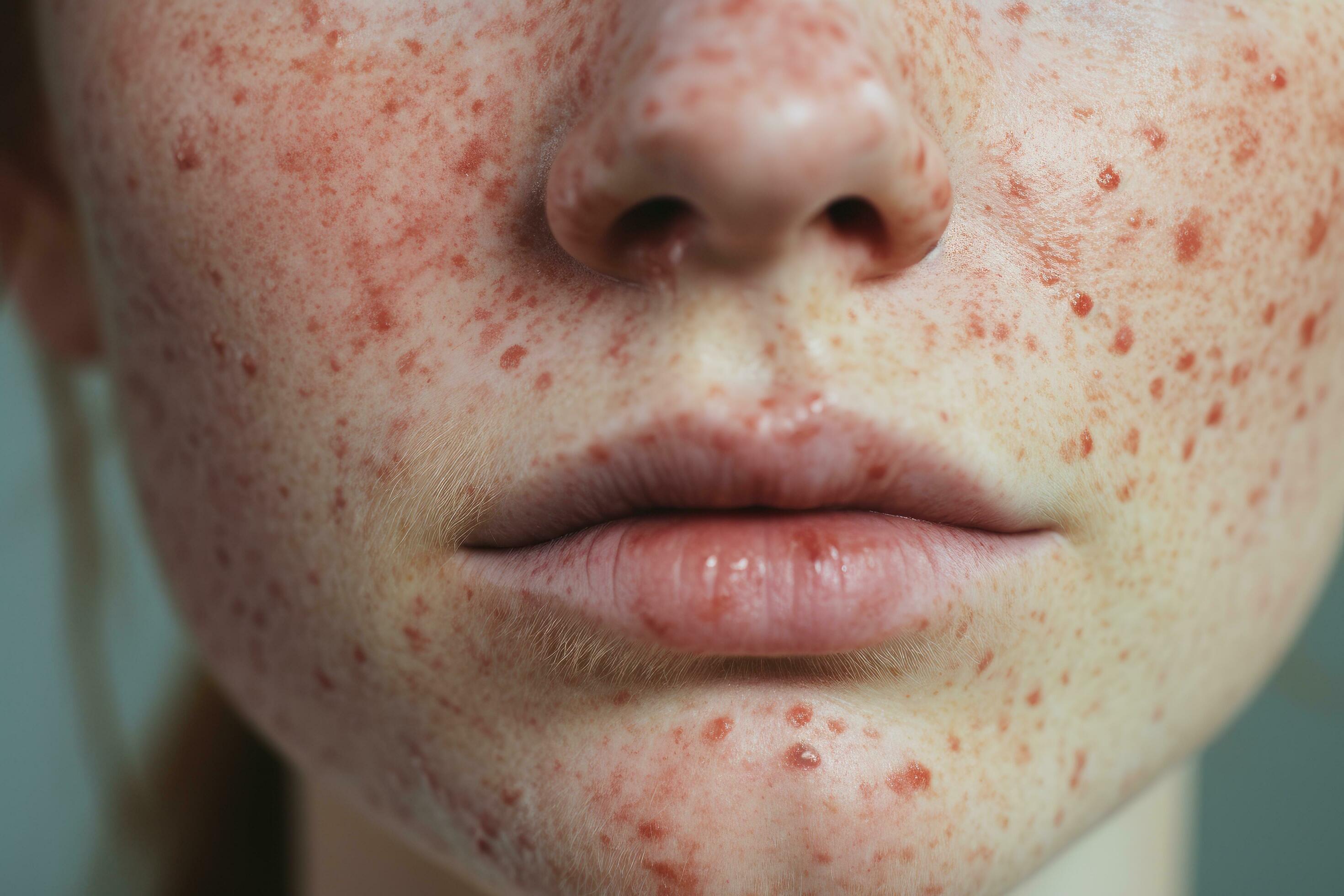 AI generated Young woman with acne on her face, closeup. Skin care concept, A person's facial ...