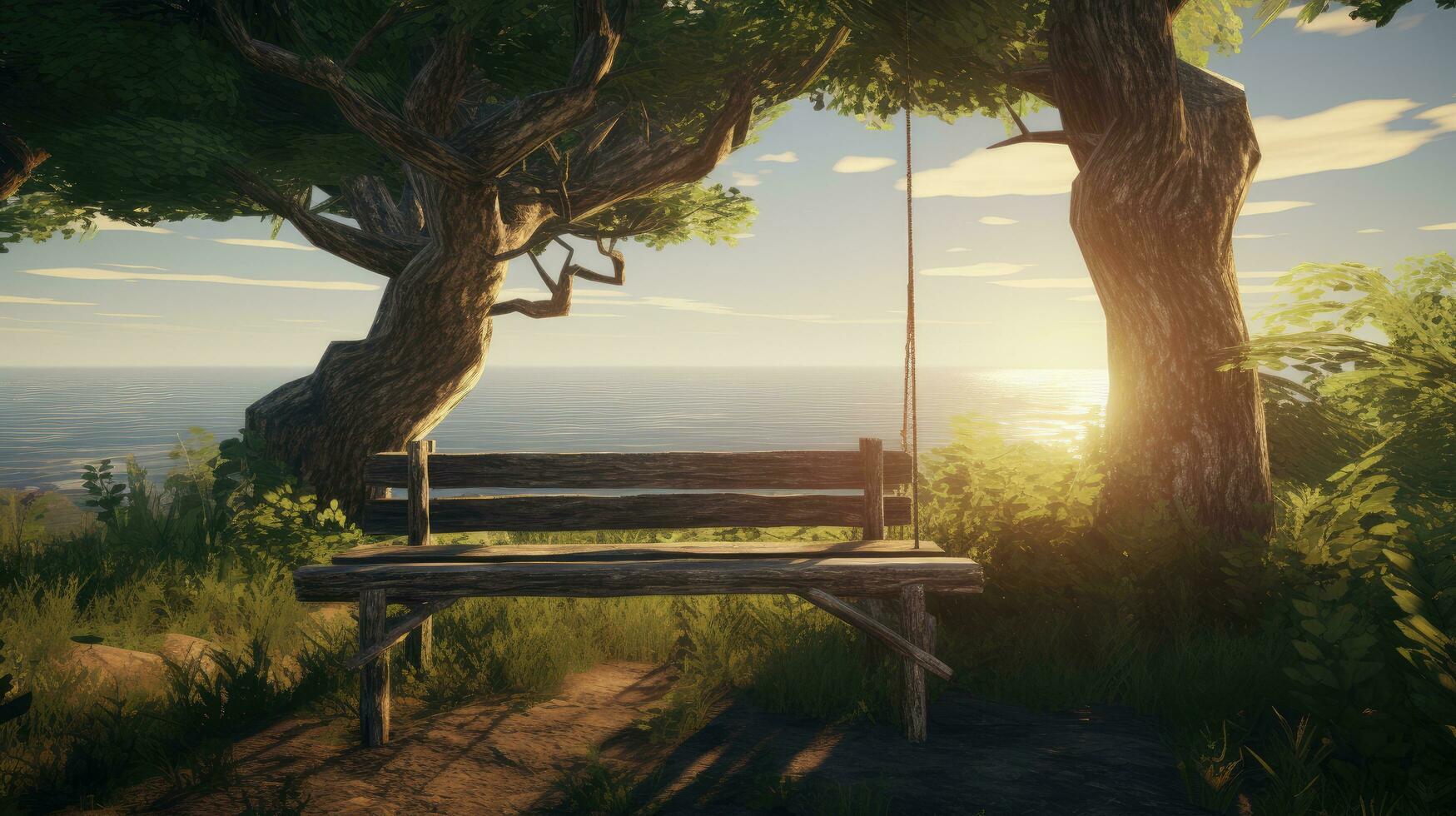 AI generated a wooden bench hanging in a grove by the ocean, 35347666 Stock Photo at Vecteezy