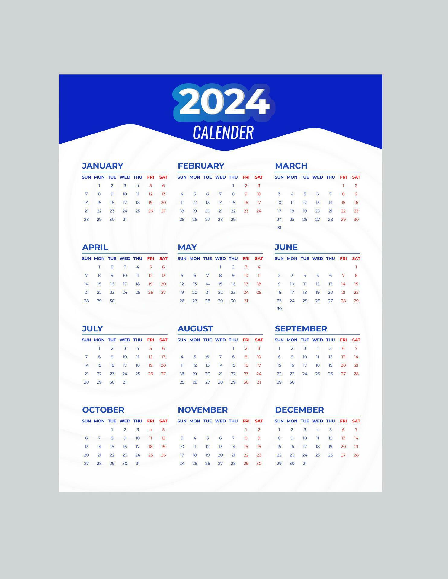 Monthly calendar template for 2024 year. Wall calendar in a minimalist ...